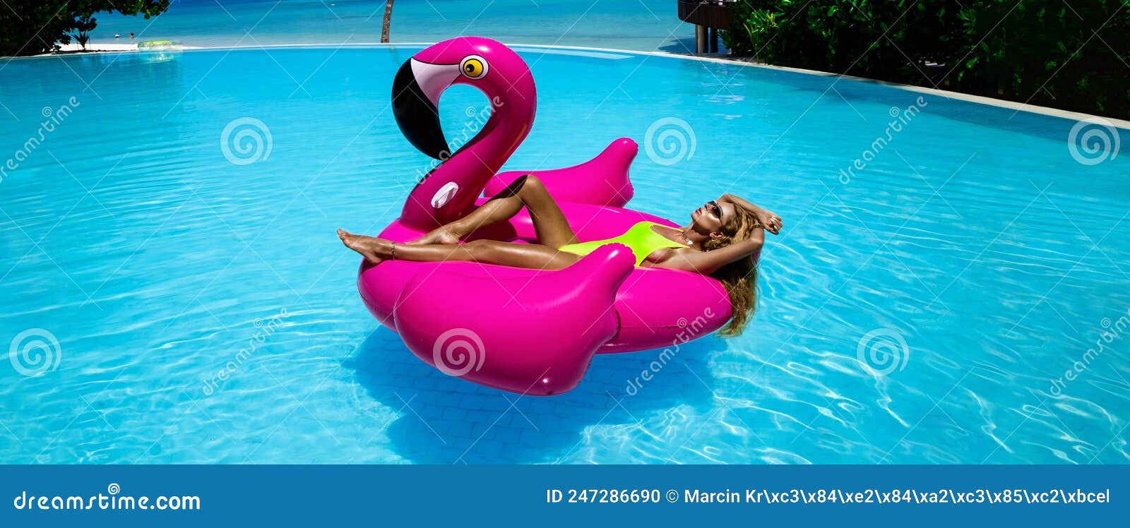 Beautiful Tanned Woman On Pink Flamingo In Pool Young Glamour Girl In