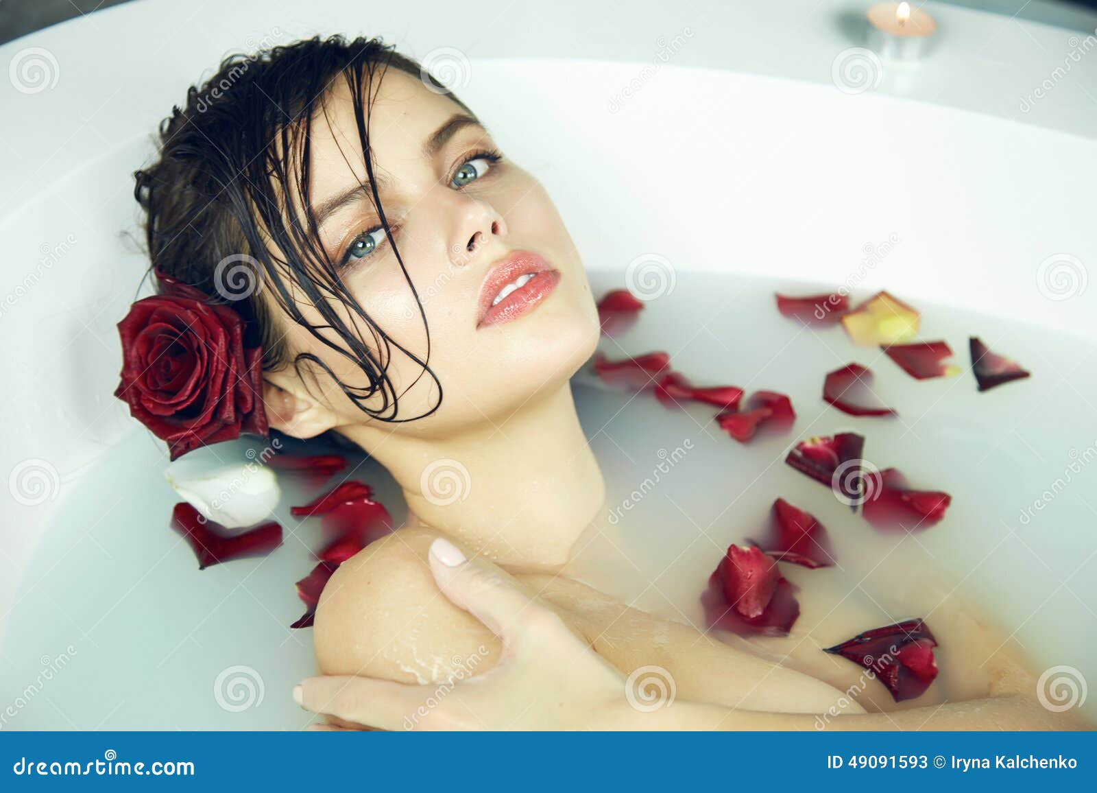 Beautiful Woman Takes Bath Rose Candles Valentine S Day Spa Stock Image