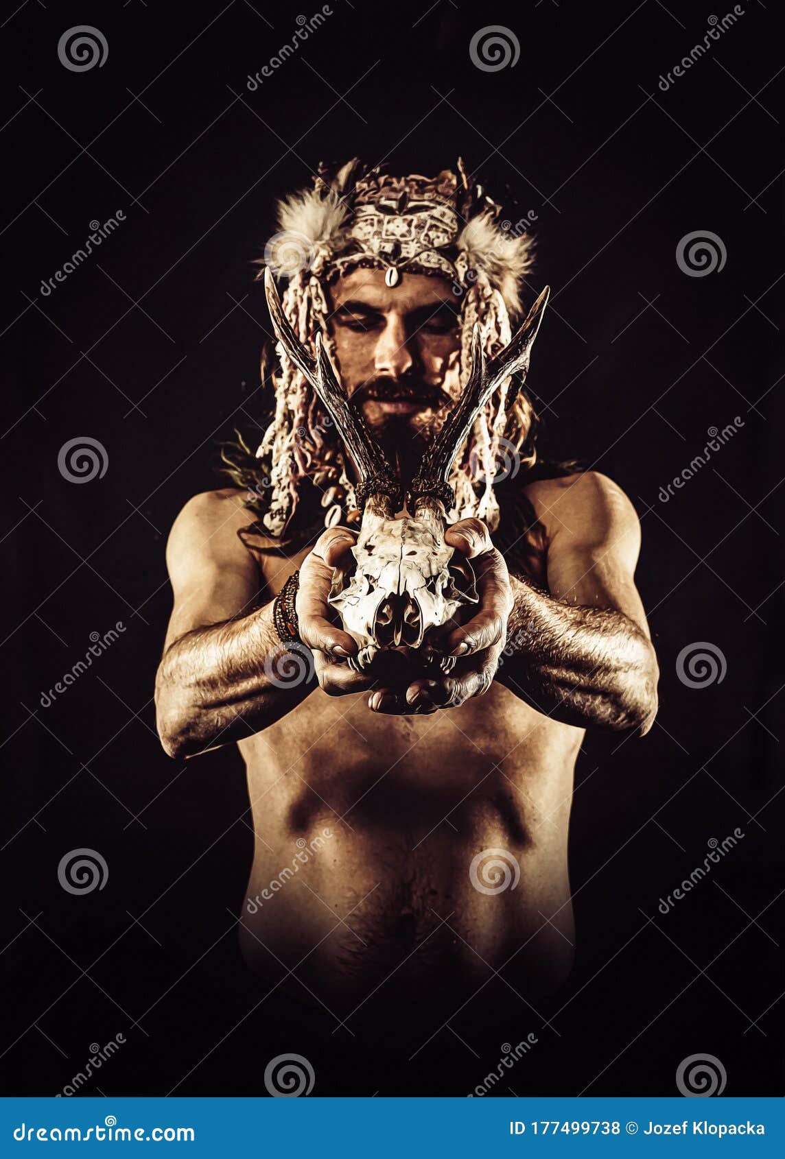 Beautiful Shamanic Man with Headband and Deer Skull Stock Photo - Image ...