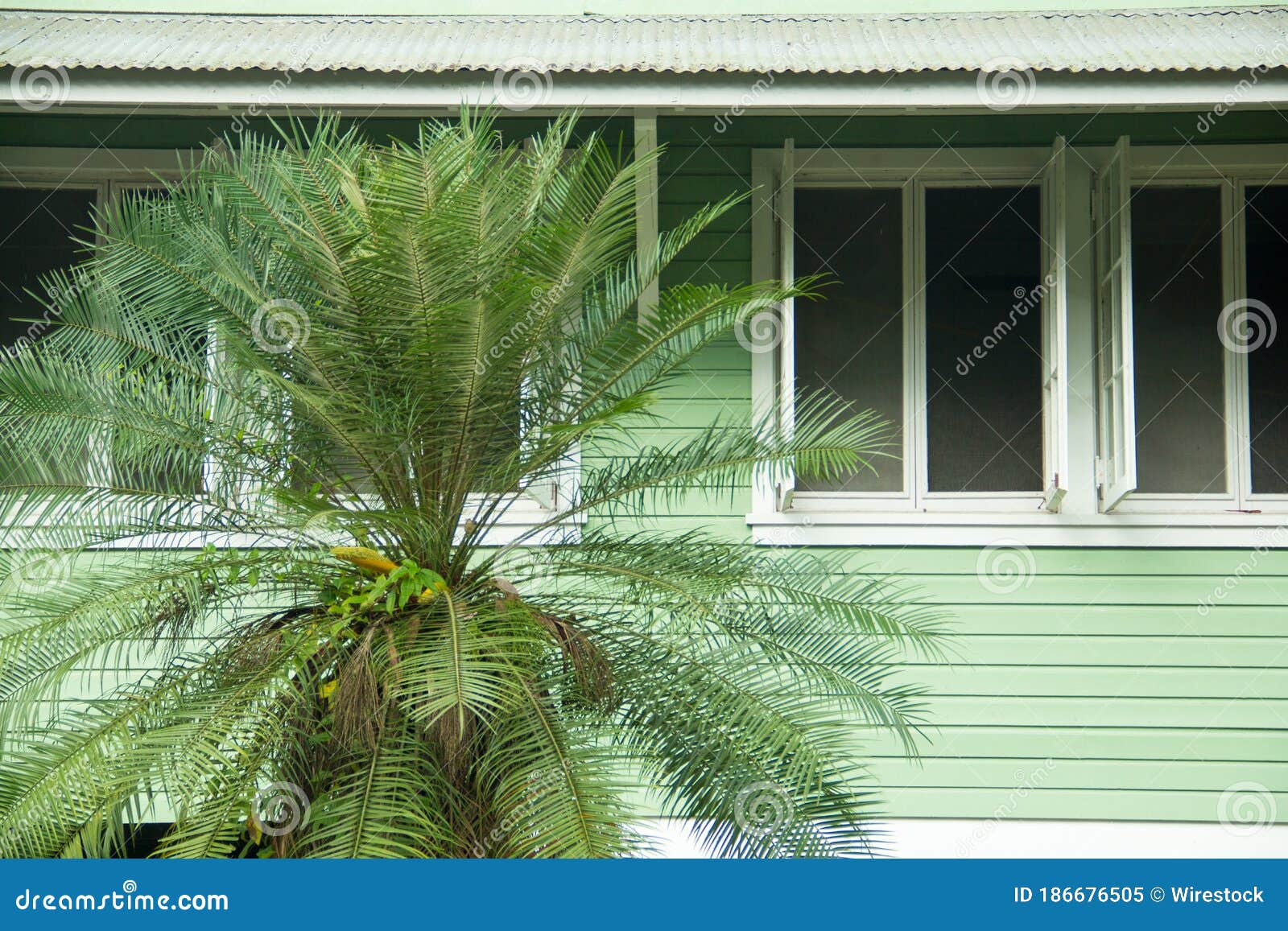 Facade Of Old Green Building With Air Conditioning Boxes. Stock ...