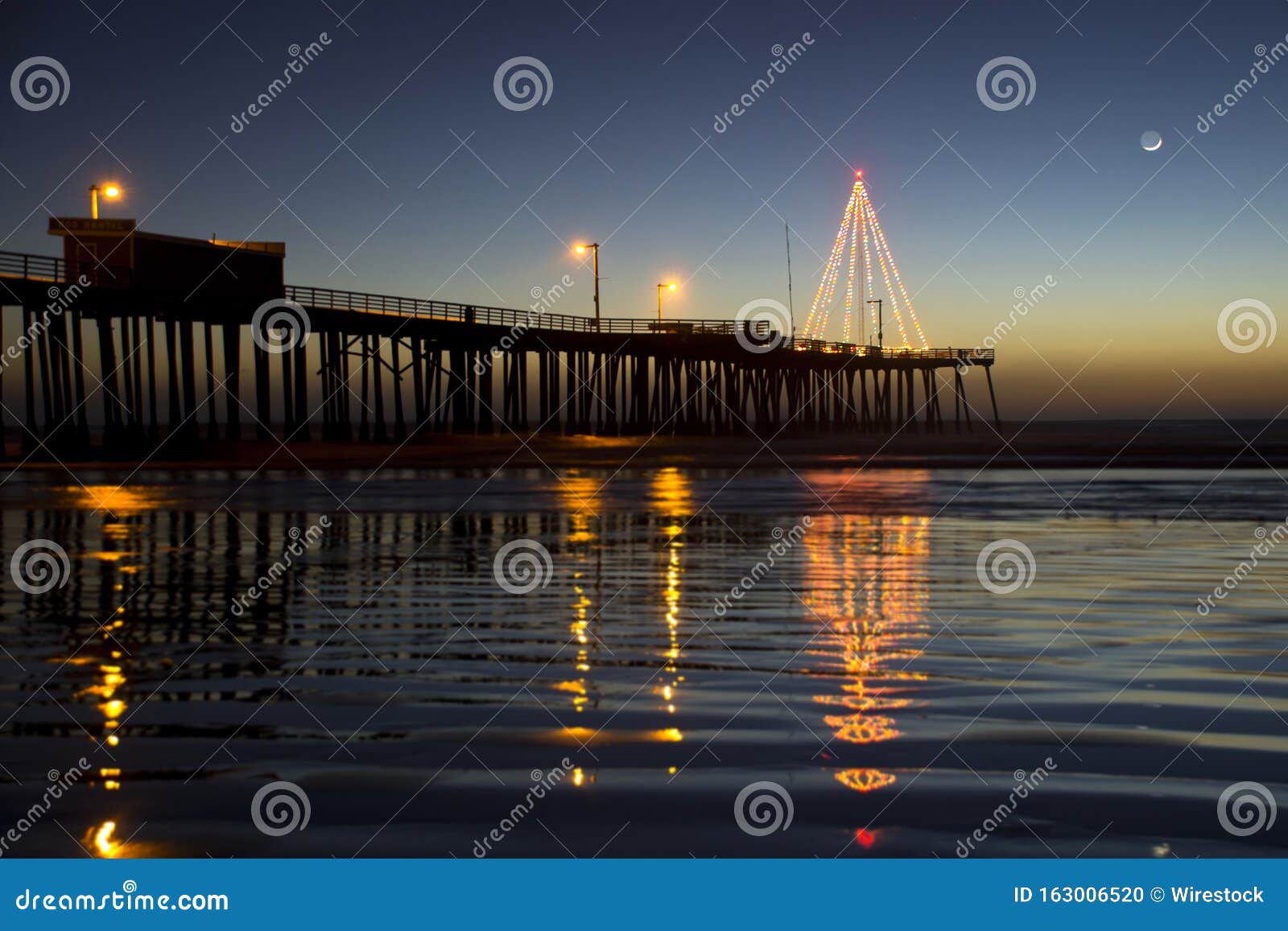 Beautiful Shot of String Lights Tree on a Pier Reflected in the Sea at ...