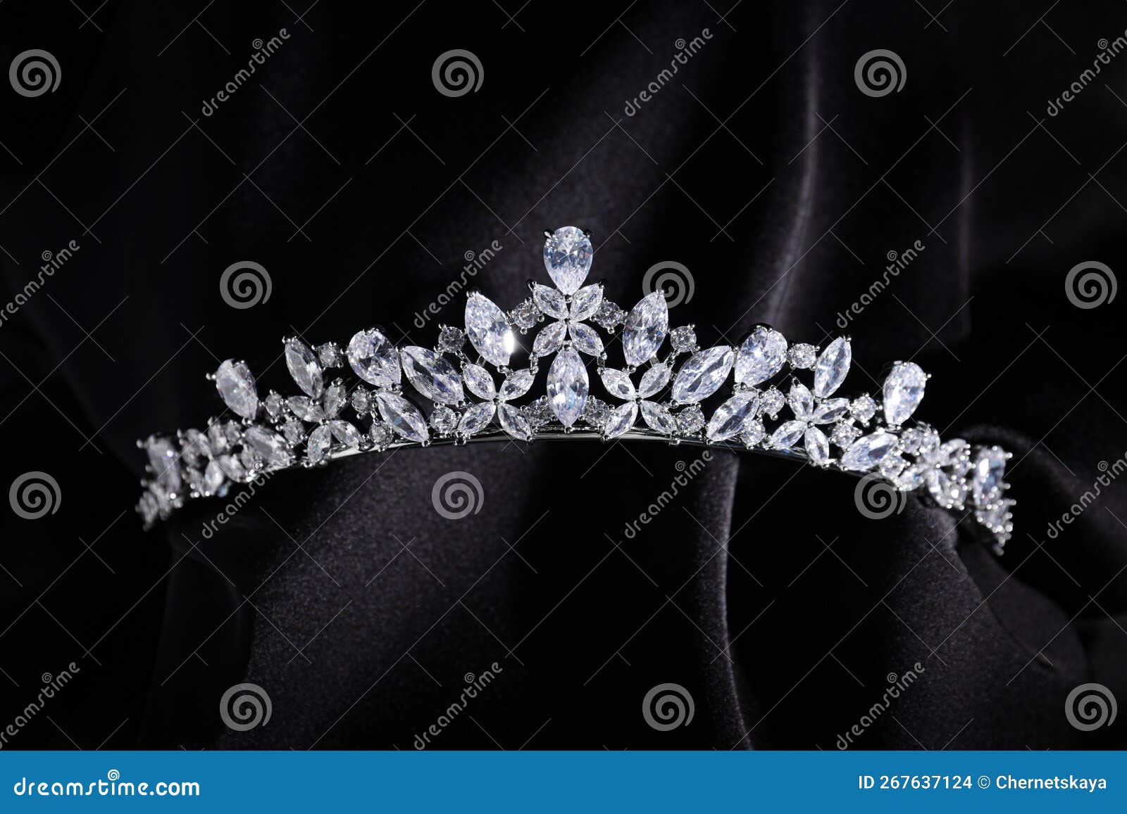Beautiful Silver Tiara with Diamonds on Black Cloth Stock Photo - Image ...