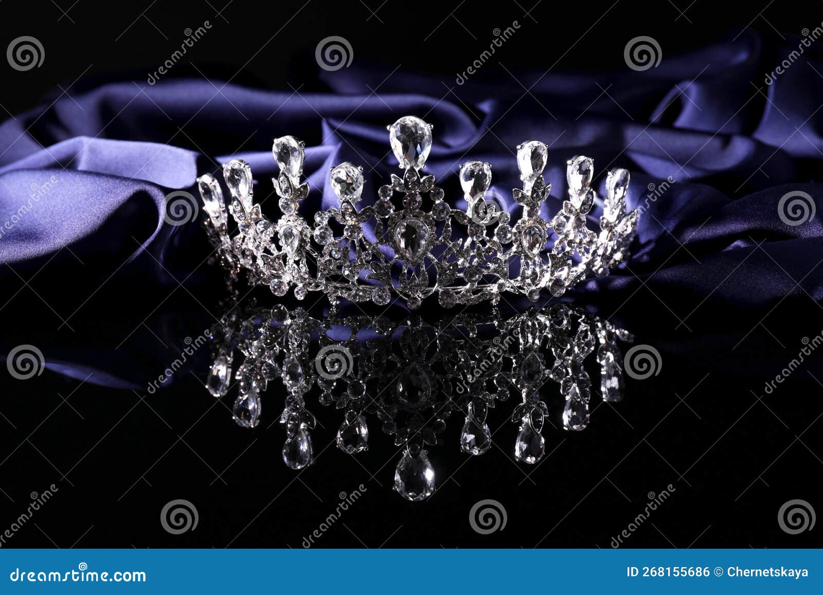 Beautiful Silver Tiara with Diamonds on Dark Mirror Surface Stock Photo ...