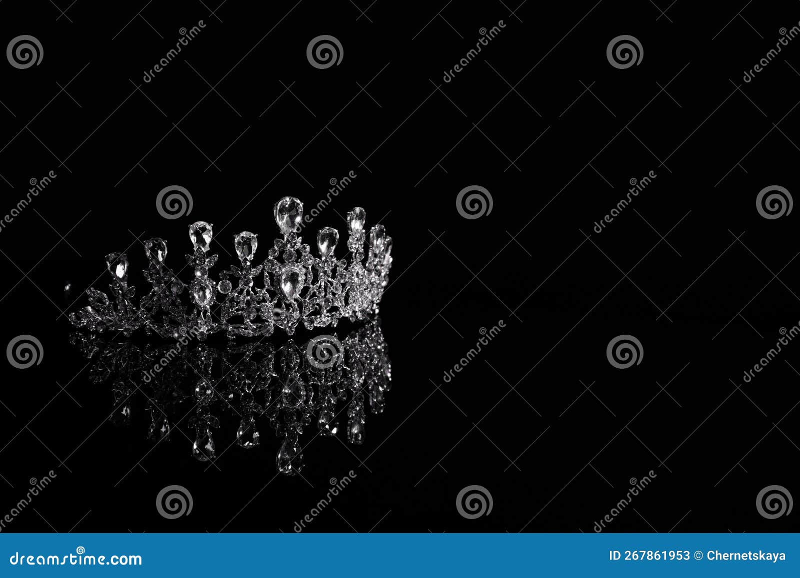 Beautiful Silver Tiara with Diamonds on Dark Mirror Surface. Space for ...
