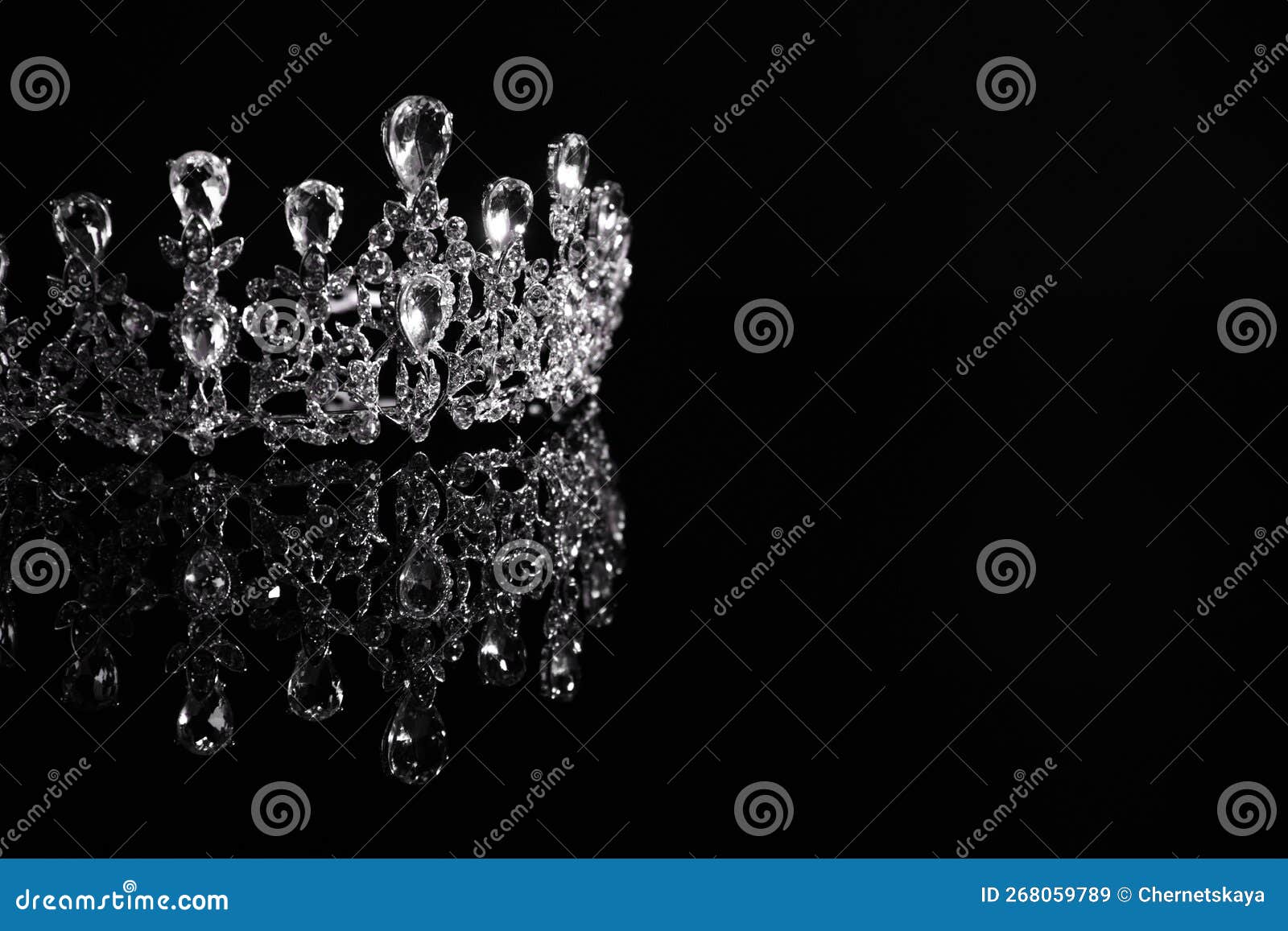Beautiful Silver Tiara with Diamonds on Dark Mirror Surface. Space for ...