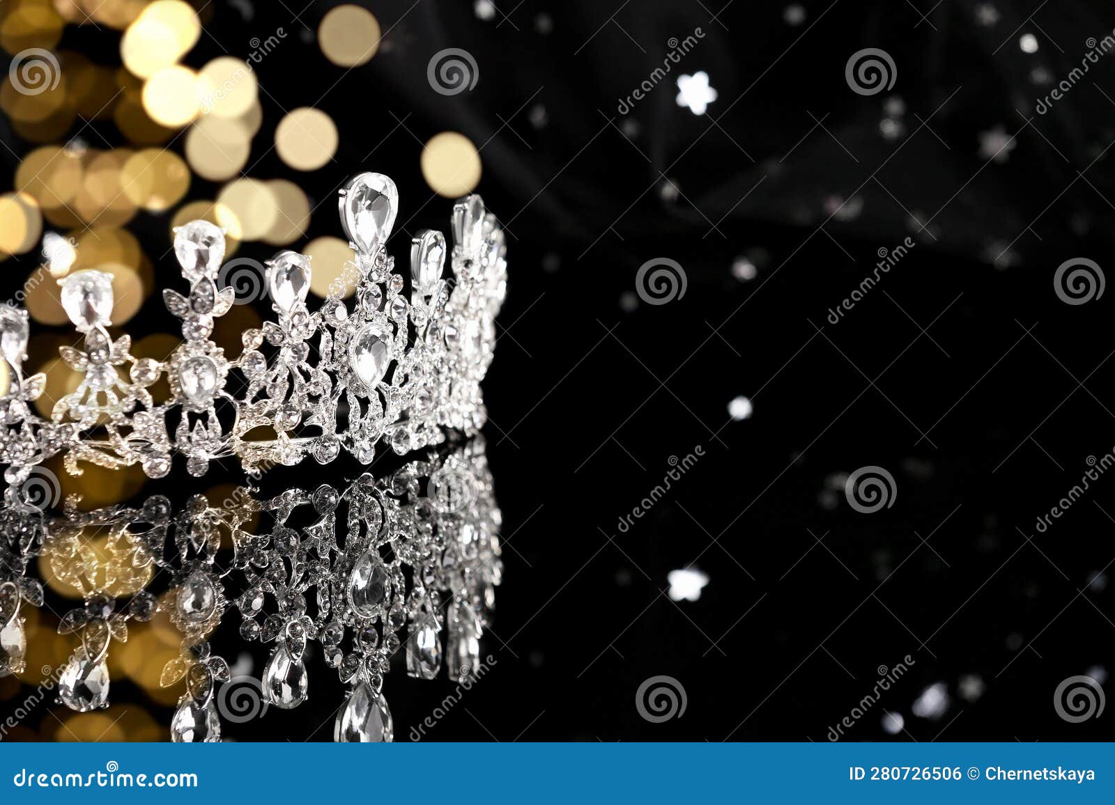 Beautiful Silver Tiara with Diamonds on Dark Mirror Surface, Space for ...