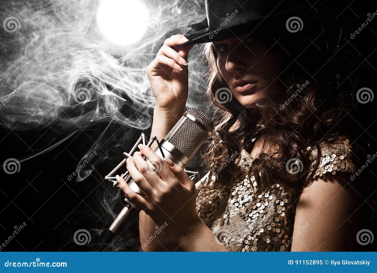 Beautiful Singer in Dress with Studio Microphone Stock Image - Image of ...