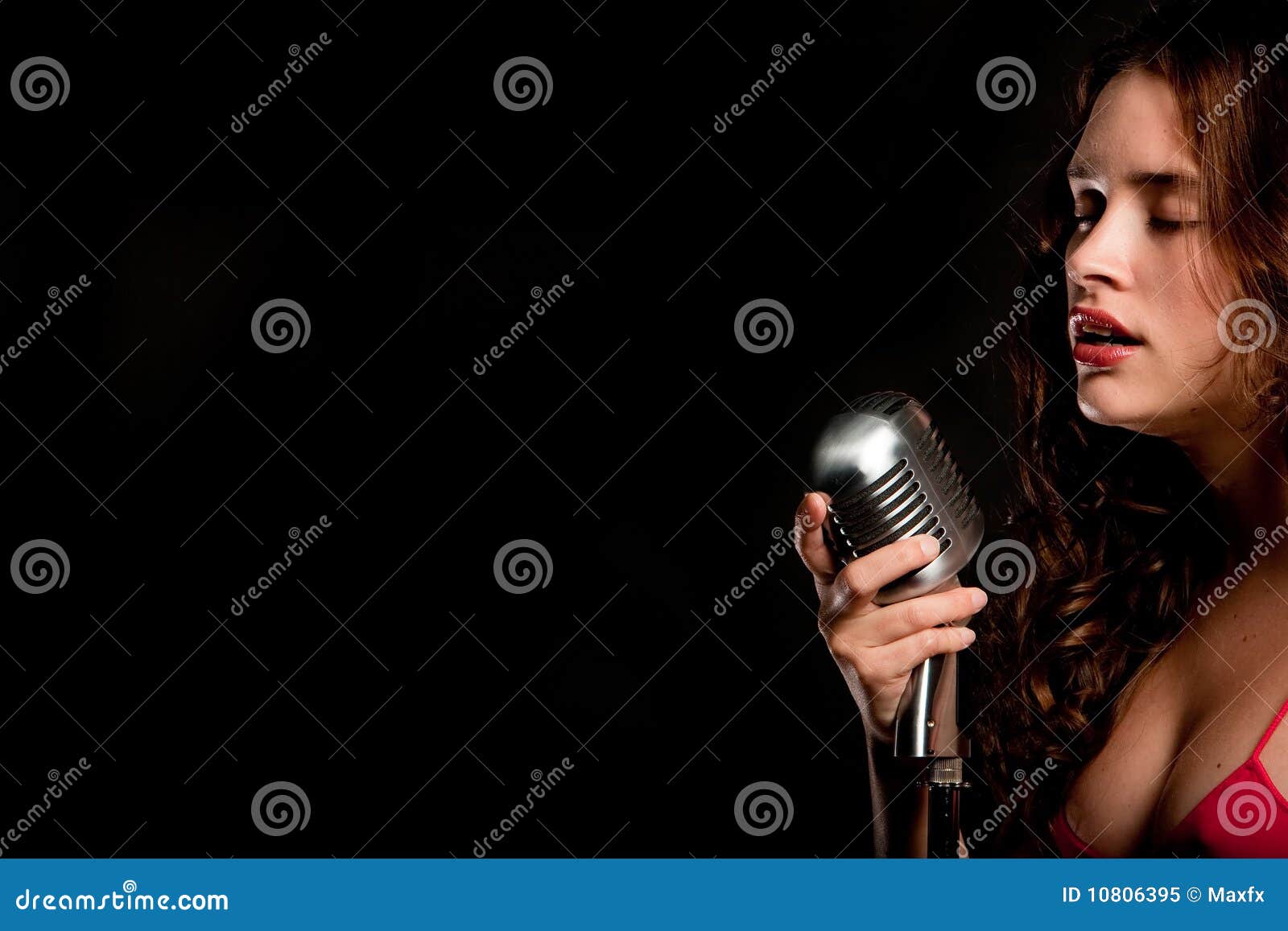 Beautiful Singer Singing with Microphone Stock Image - Image of hair ...