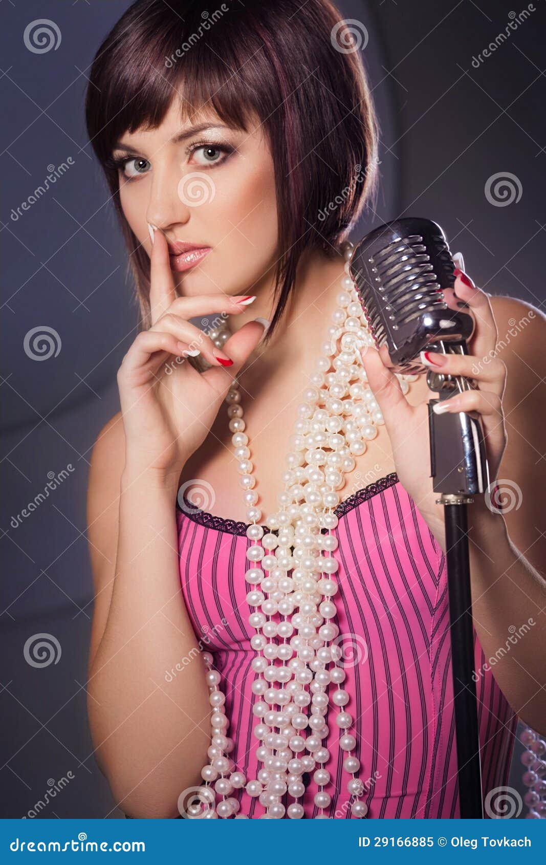 Beautiful Singer Singing with a Retro Microphone Stock Image - Image of ...