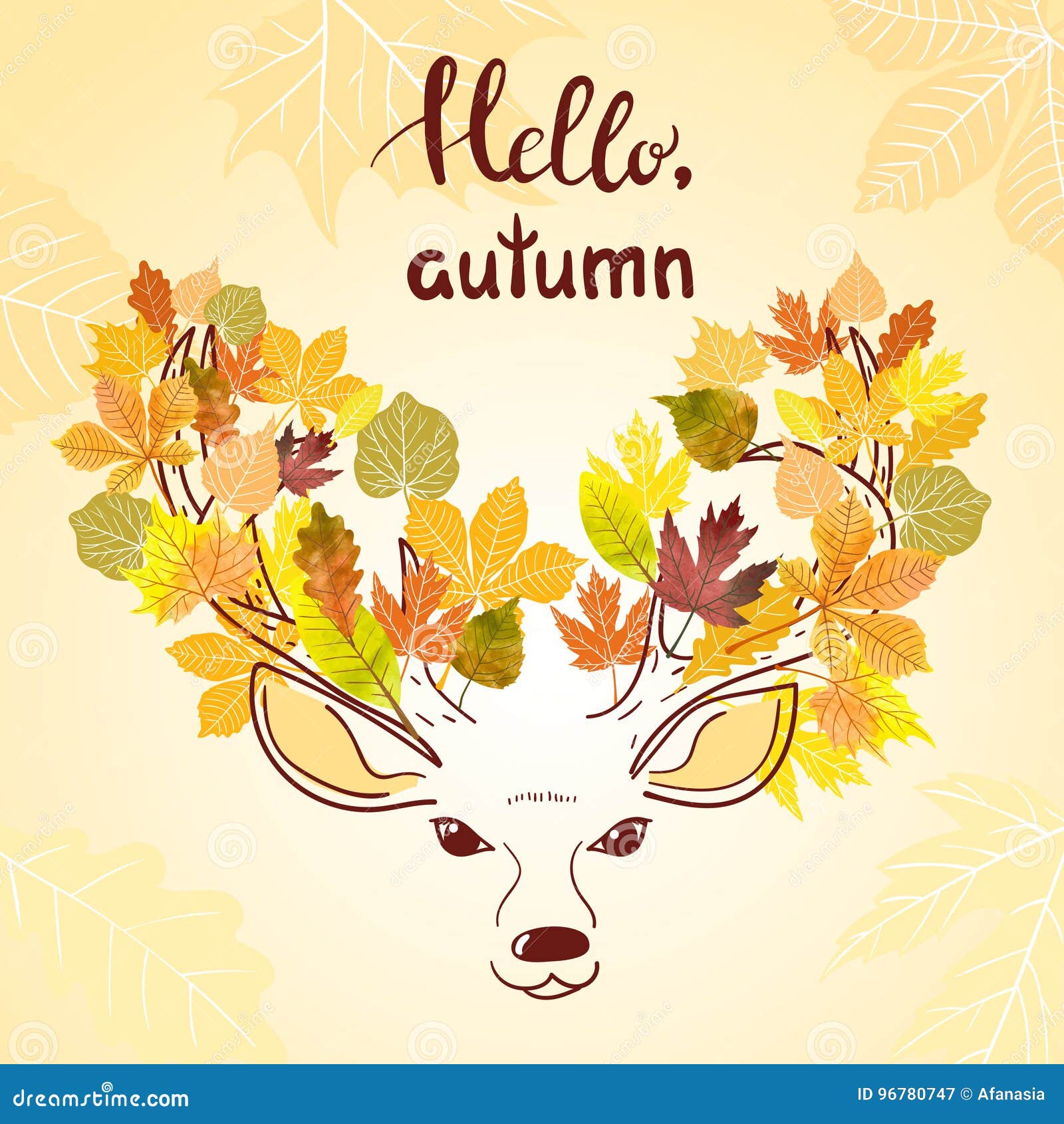 Beautiful Sketch Deer with Autumn Leaves. Stock Vector - Illustration ...