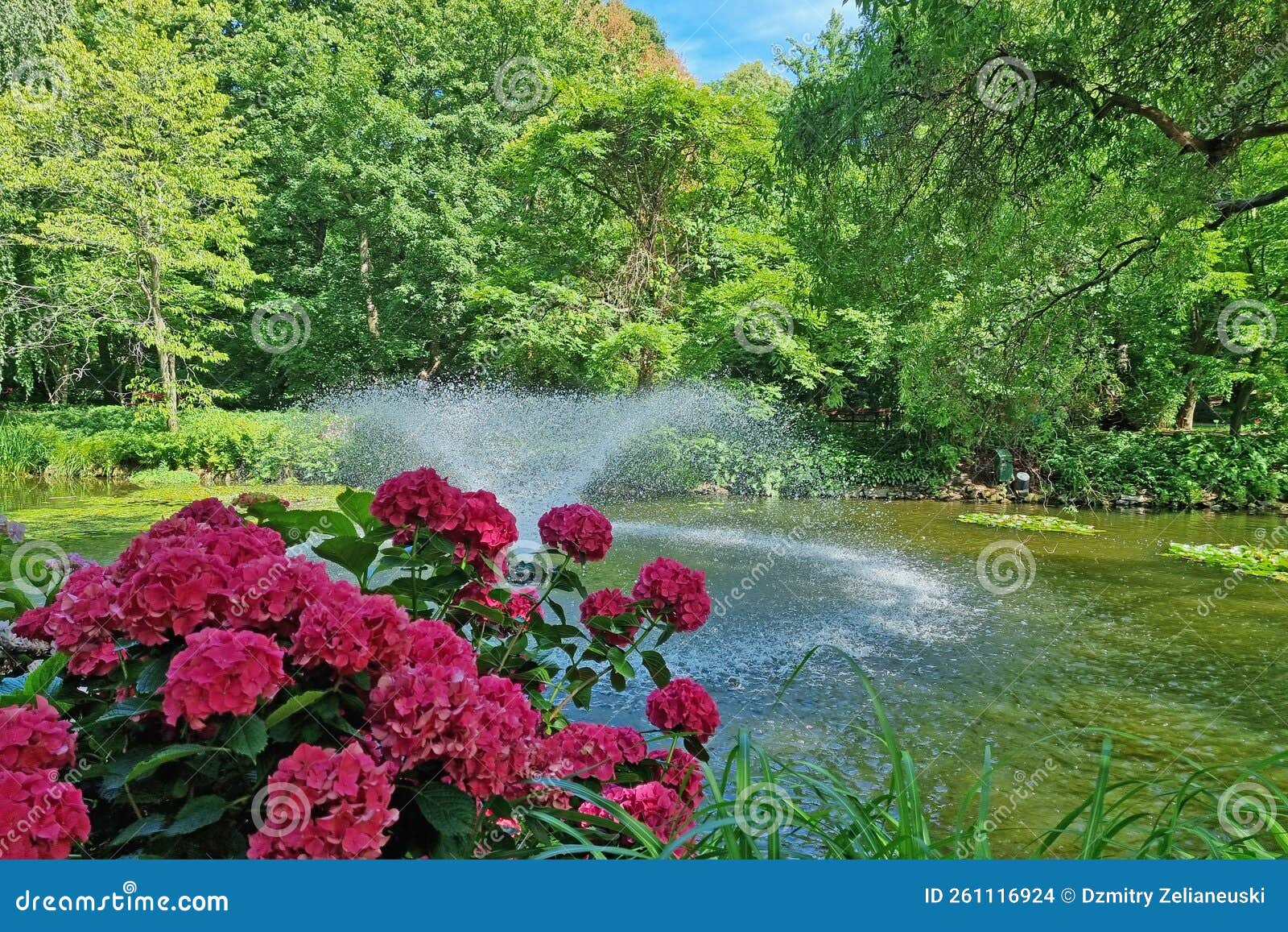 Beautiful Small Green Park with a Fountain. Stock Photo - Image of ...