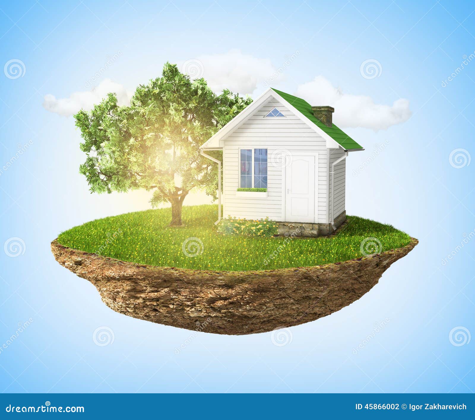 Beautiful Small Island with Grass and Tree and House Levitating Stock ...