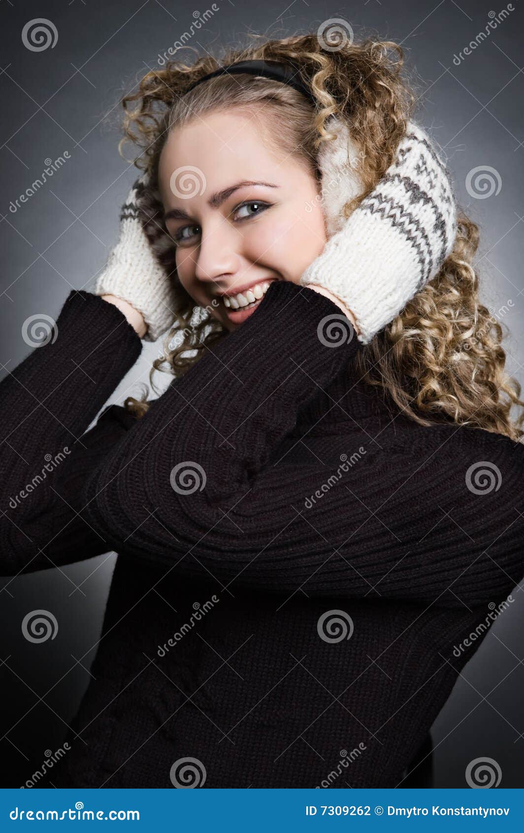 Beautiful Smiley Woman in Knitted Mitten Stock Photo - Image of ...