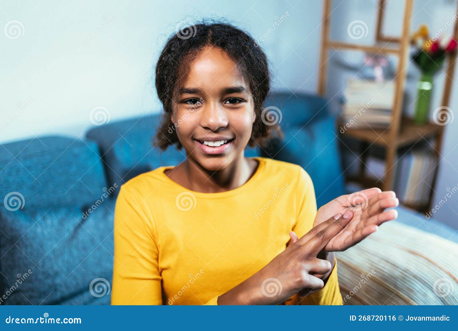 Smiling Black Deaf Girl Using Sign Language at Home Stock Photo - Image ...