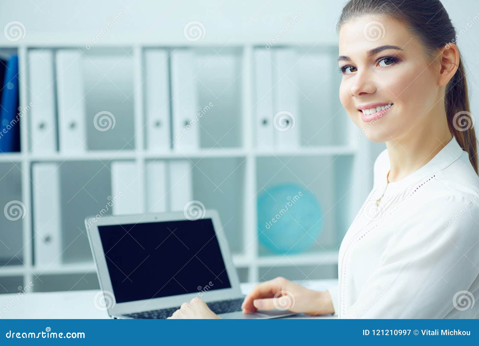Beautiful Smiling Business Woman Sitting at Office Workplace Half Turn ... Beautiful Smiling Business Woman Sitting at Office Workplace Half Turn ...