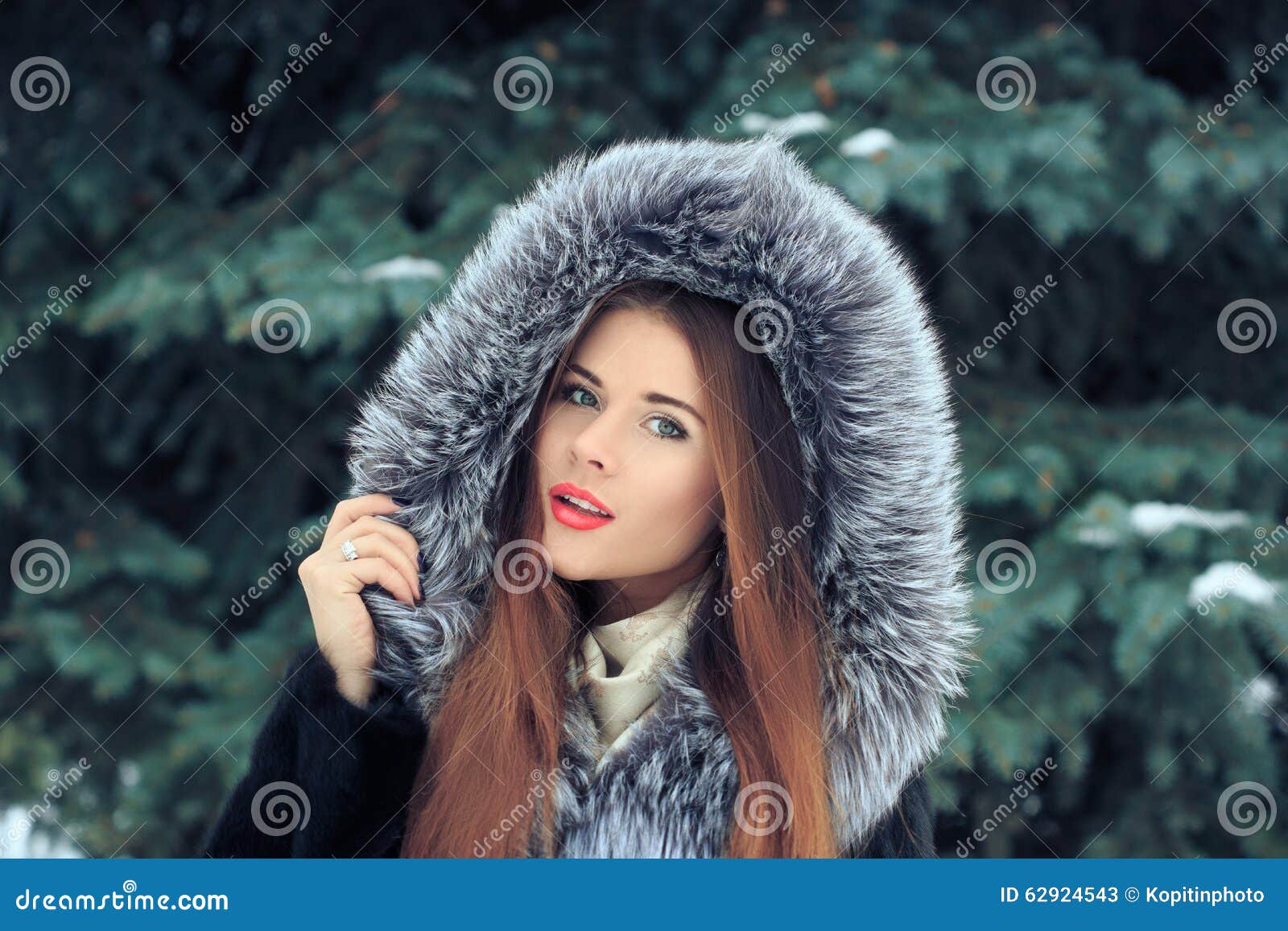Beautiful Smiling Girl On Background Of Snowy Stock Image Image Of