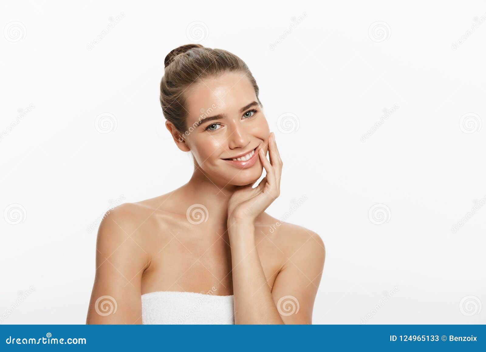 Beautiful Smiling Girl With Clean Skin Natural Make Up And White