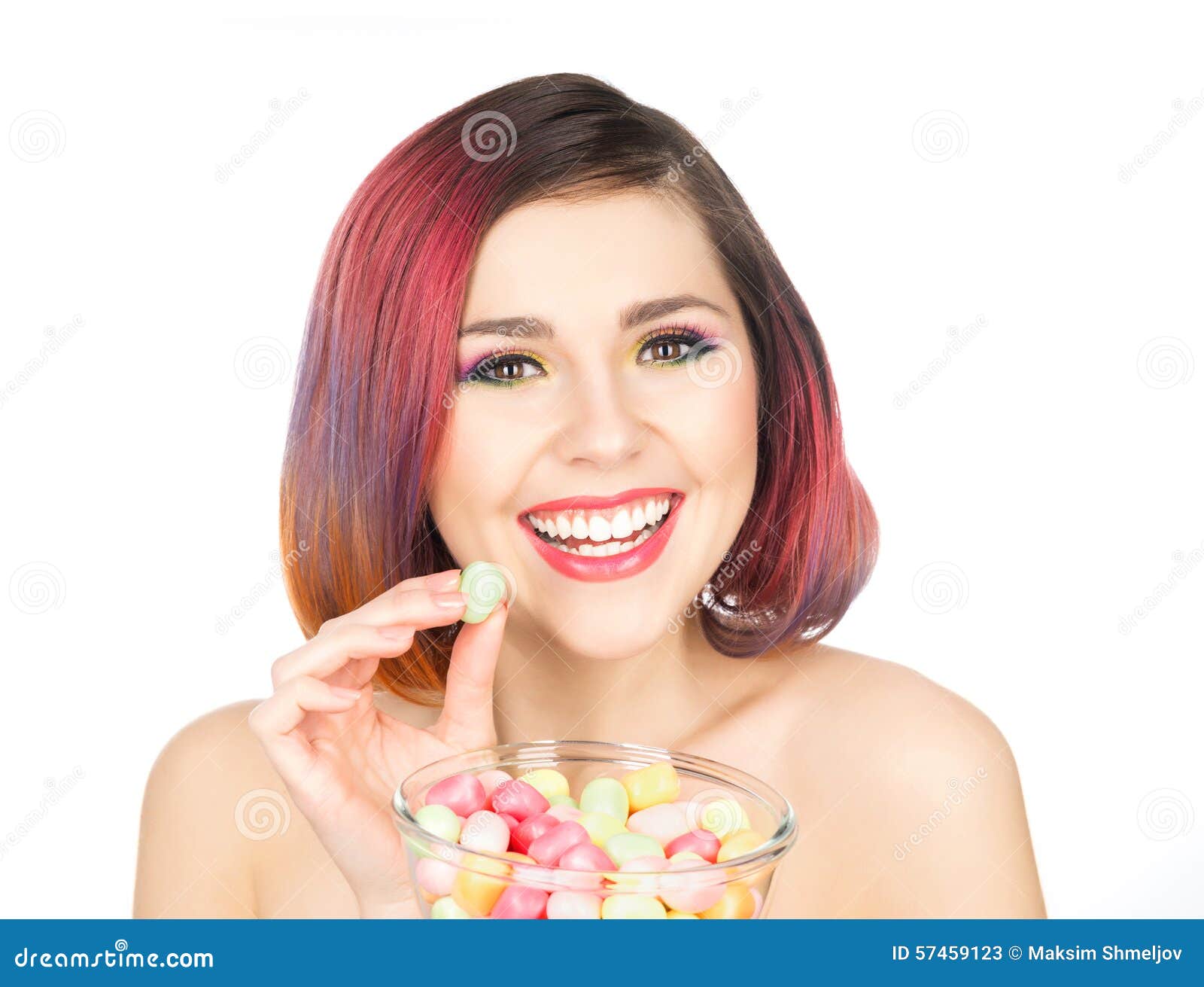 Beautiful Smiling Girl Eating Sweets from a Bowl Stock Image - Image of ...