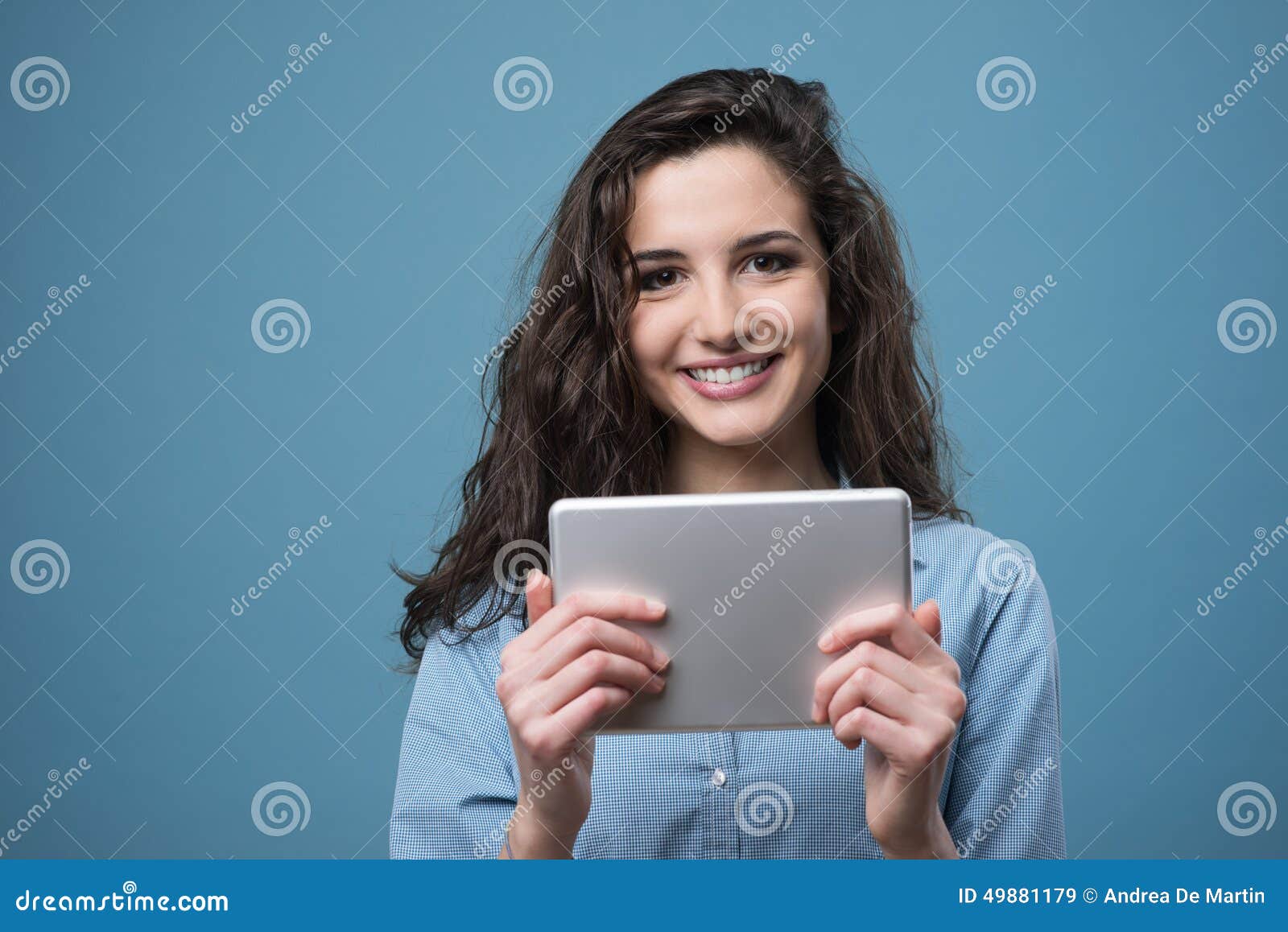 Beautiful Smiling Girl with Tablet Stock Image - Image of expressing ...
