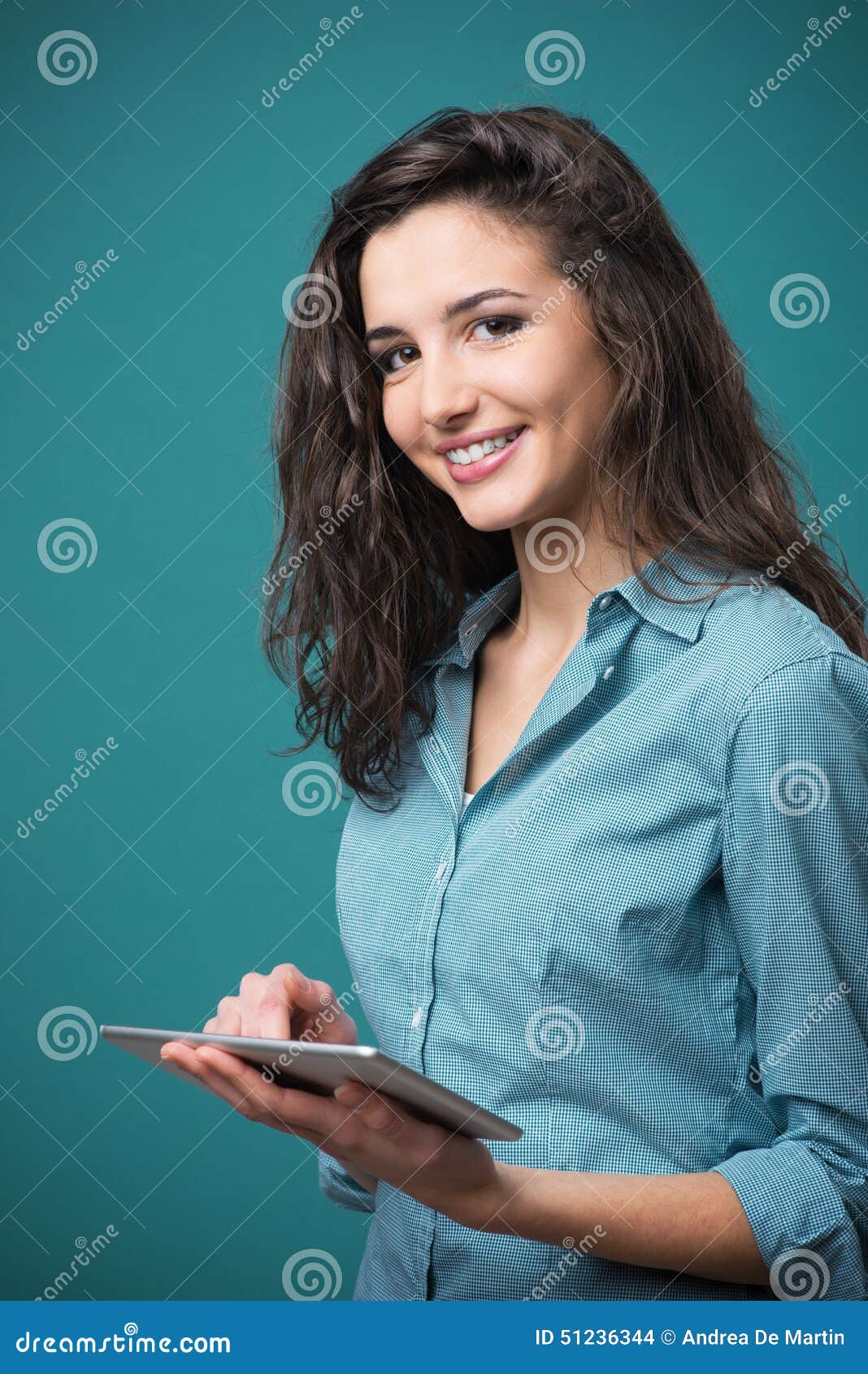 Beautiful Smiling Girl with Tablet Stock Photo - Image of contemplation ...