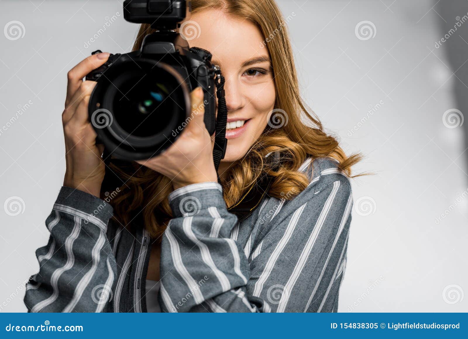 Beautiful Smiling Girl Using Photo Camera Stock Image - Image of work ...