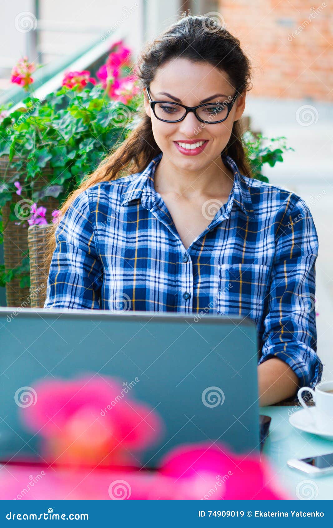 Beautiful Smiling Hipster Woman Using Laptop At Street Cafe Stock Image