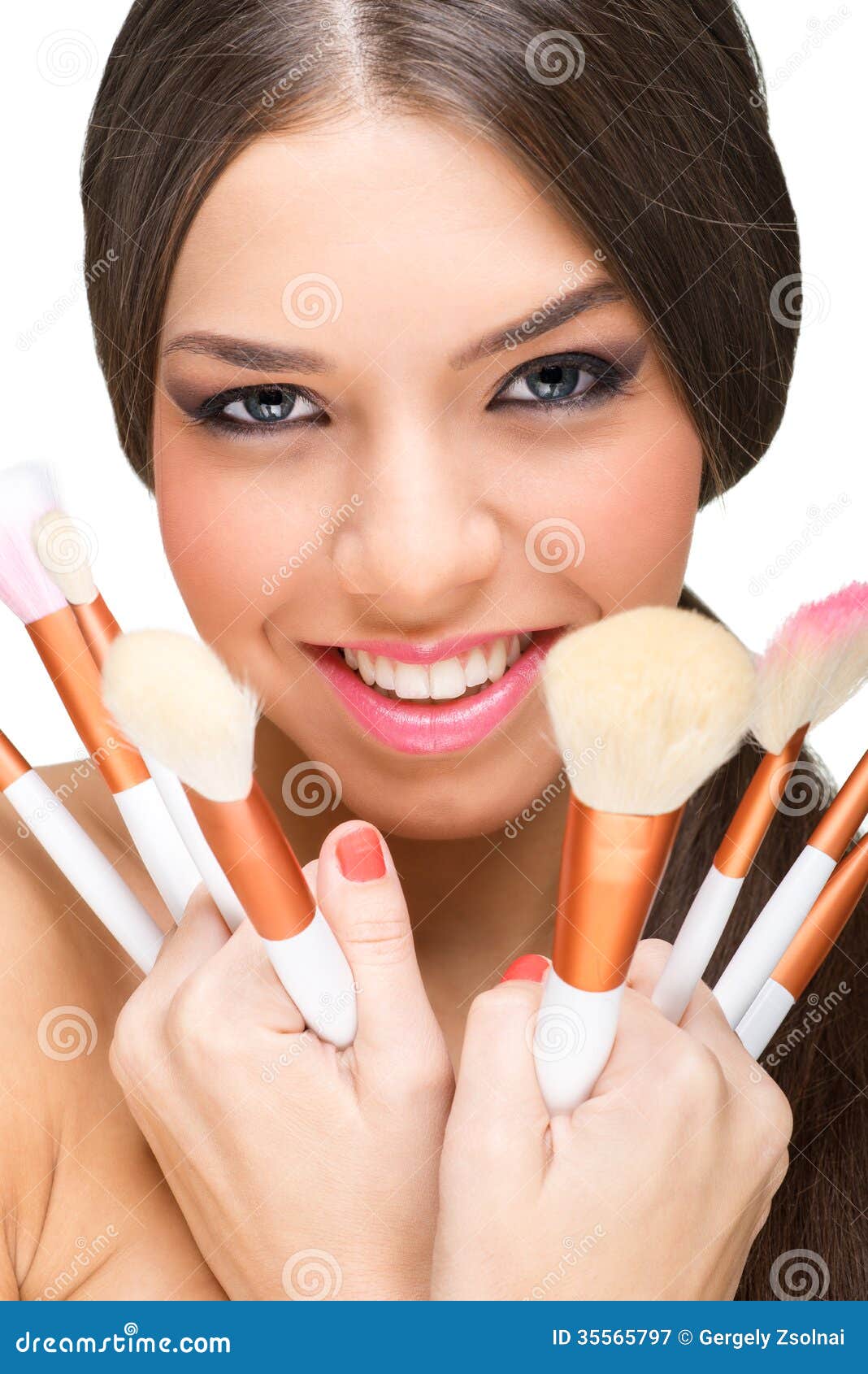Beautiful Smiling Makeup Model Stock Image - Image of applying ...