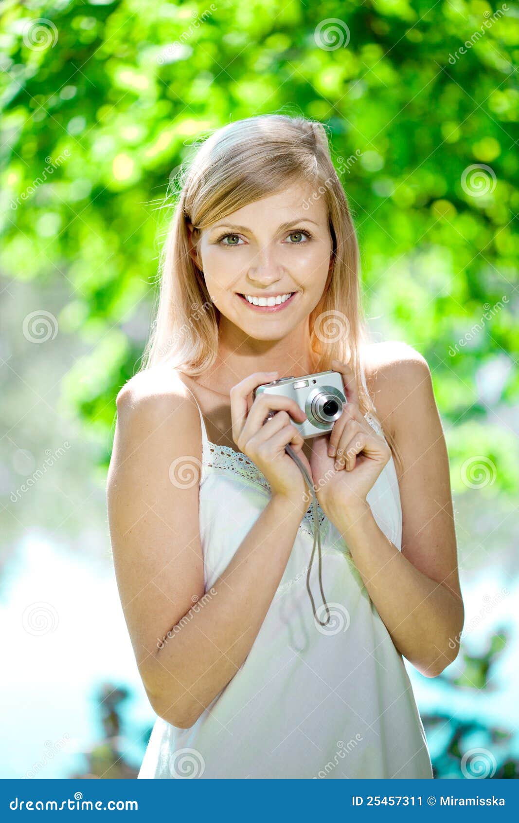 Beautiful Smiling Woman with a Camera, Outdoors Stock Image - Image of ...