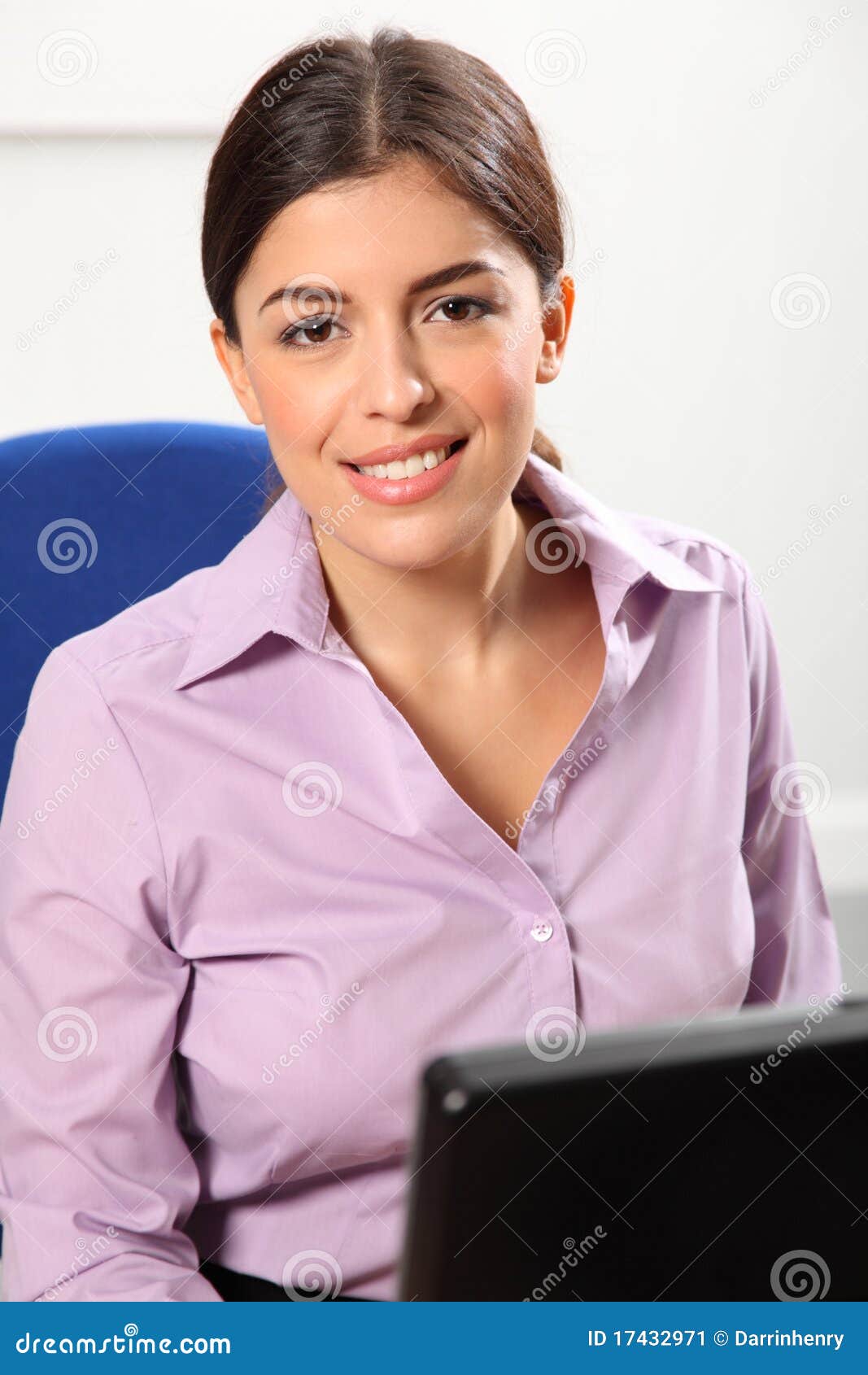 Beautiful Smiling Woman at Computer in Office Stock Image - Image of ...