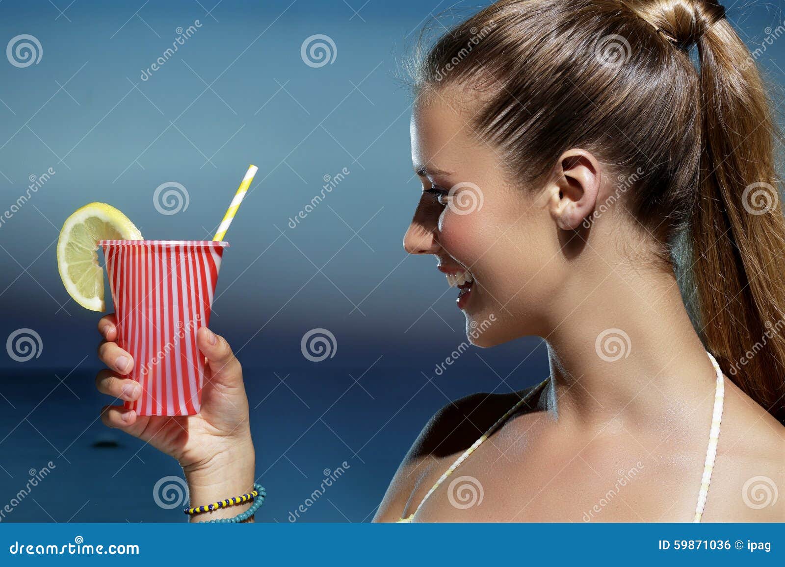 Beautiful Smiling Woman Refreshing on the Beach Stock Photo - Image of ...