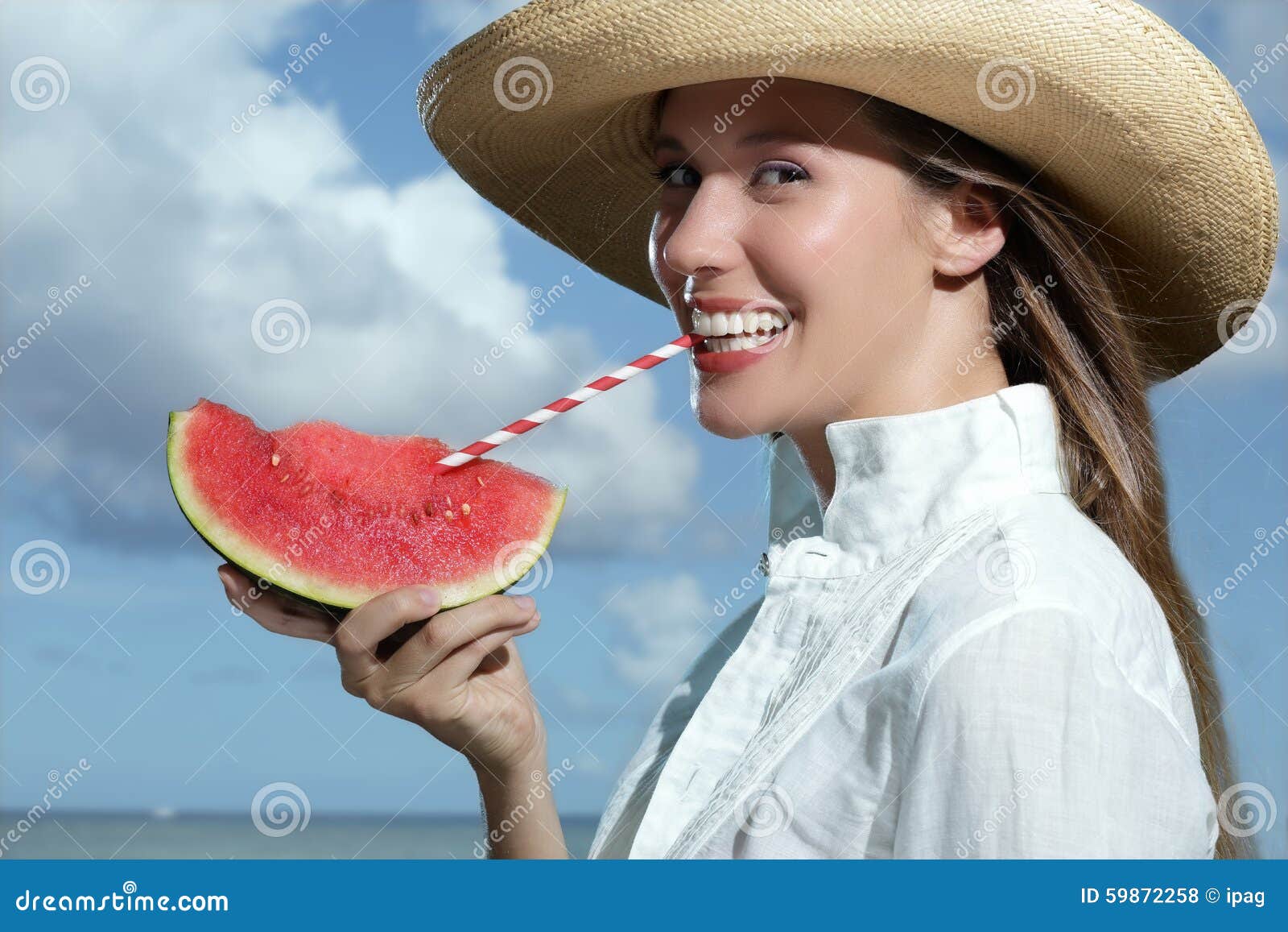 Beautiful Smiling Woman Refreshing on the Beach Stock Photo - Image of ...