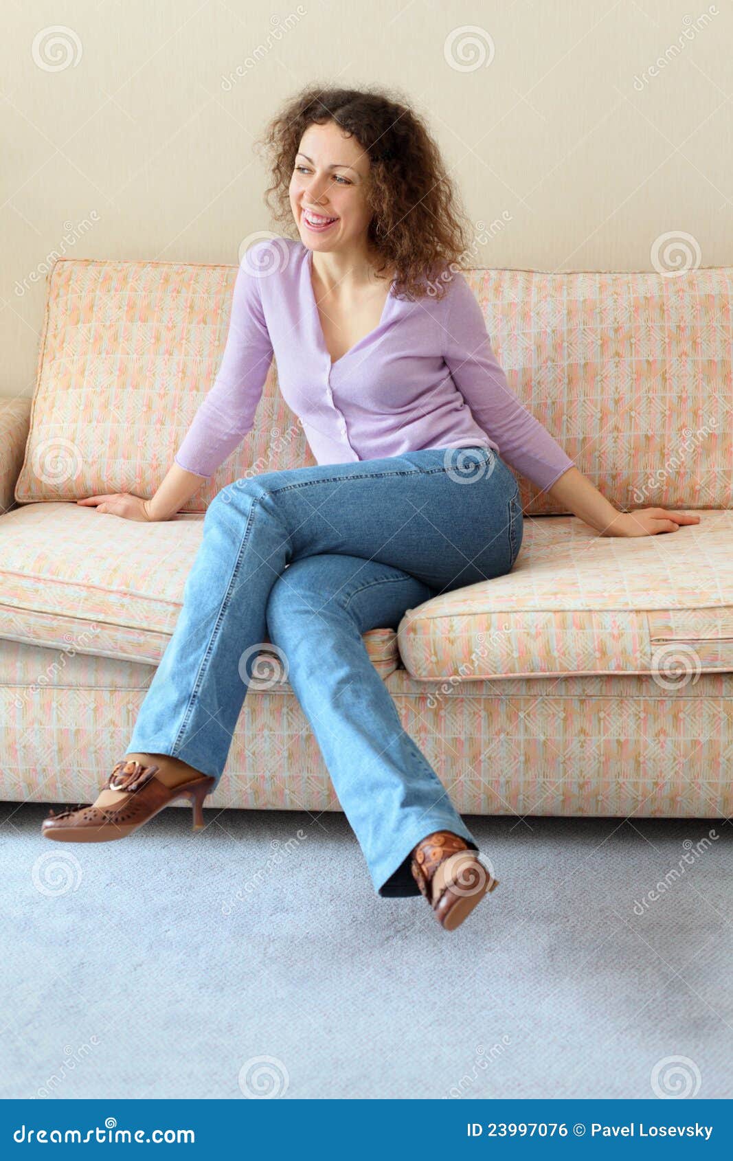 Beautiful Smiling Woman Sits on Couch Stock Photo - Image of hotel ...