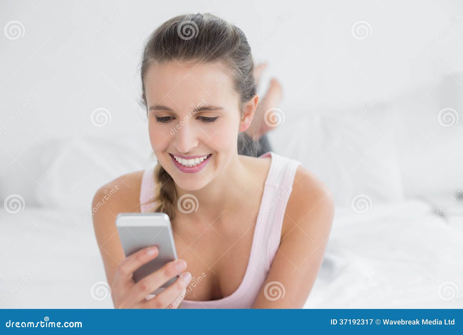 Beautiful Smiling Woman Text Messaging In Bed Stock Image Image Of
