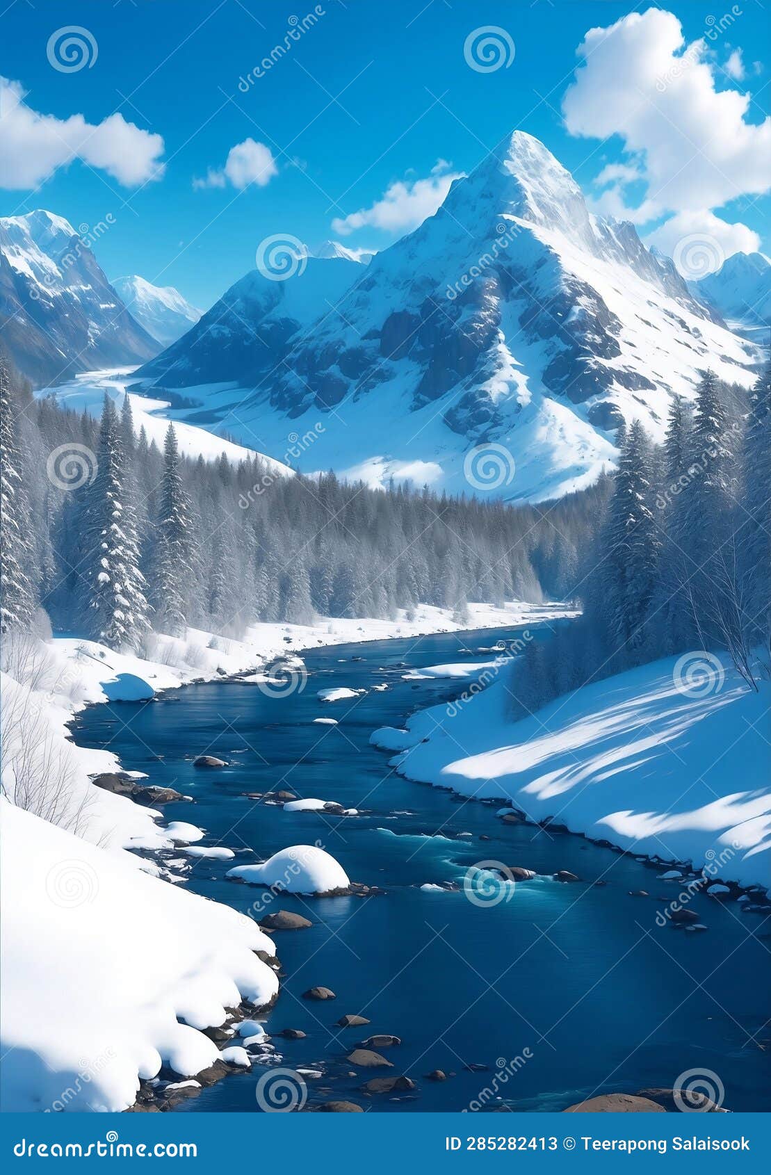 Beautiful Snow Mountain with River, Generative AI Illustration Stock ...