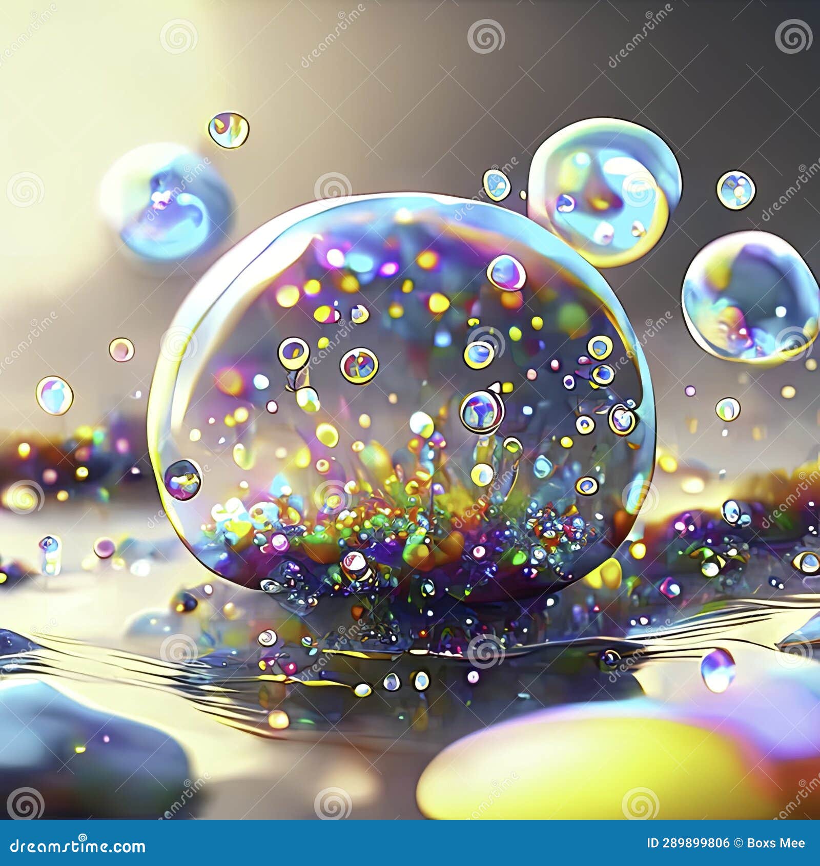 Beautiful Soap Bubbles with Reflection on Water Surface. 3d ...
