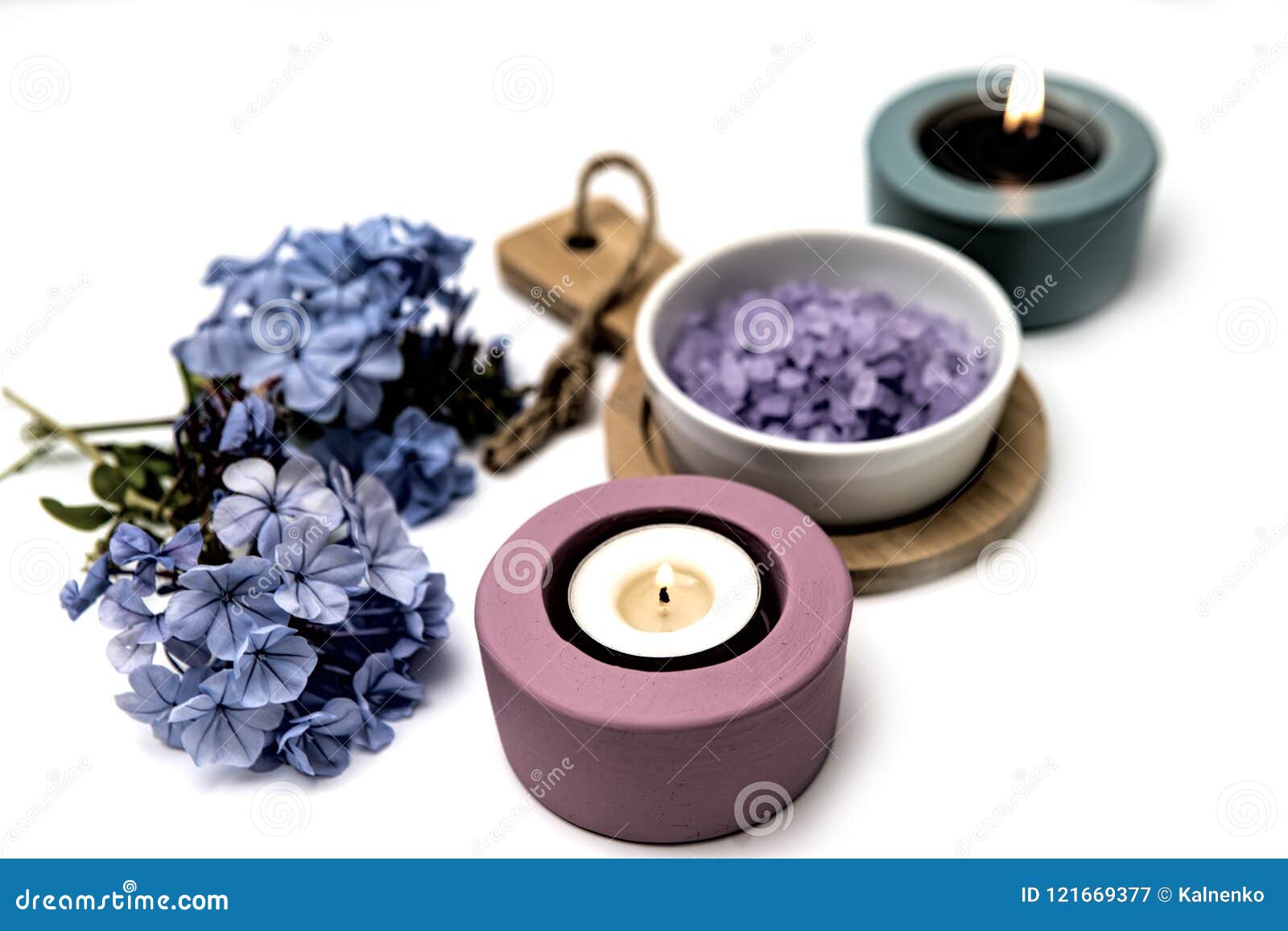 Beautiful Spa Composition . Blue Flowers and Candlelight on a W Stock ...