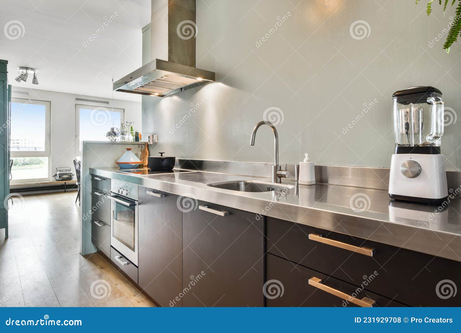 Spacious kitchen design stock photo. Image of sink, real - 231929708