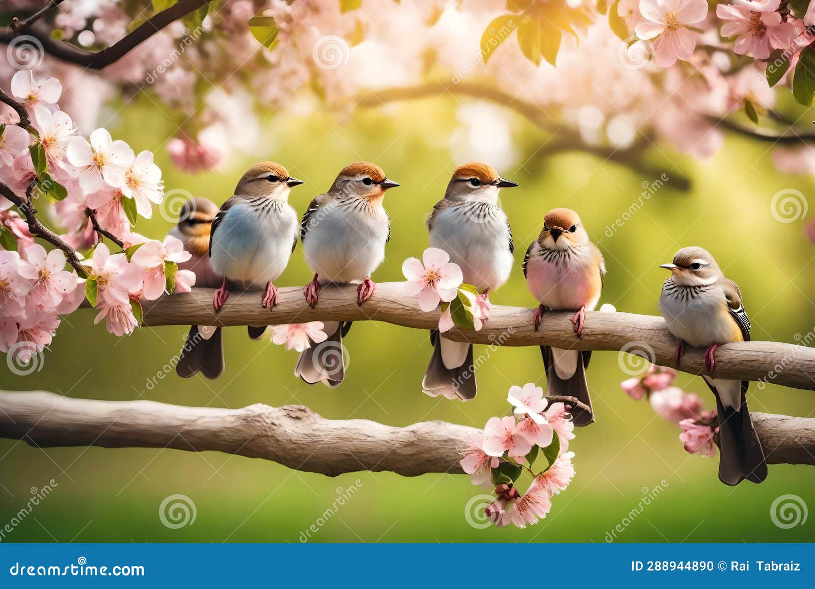 6 Beautiful Sparrows Sitting on Shoot of Tree Stock Illustration ...