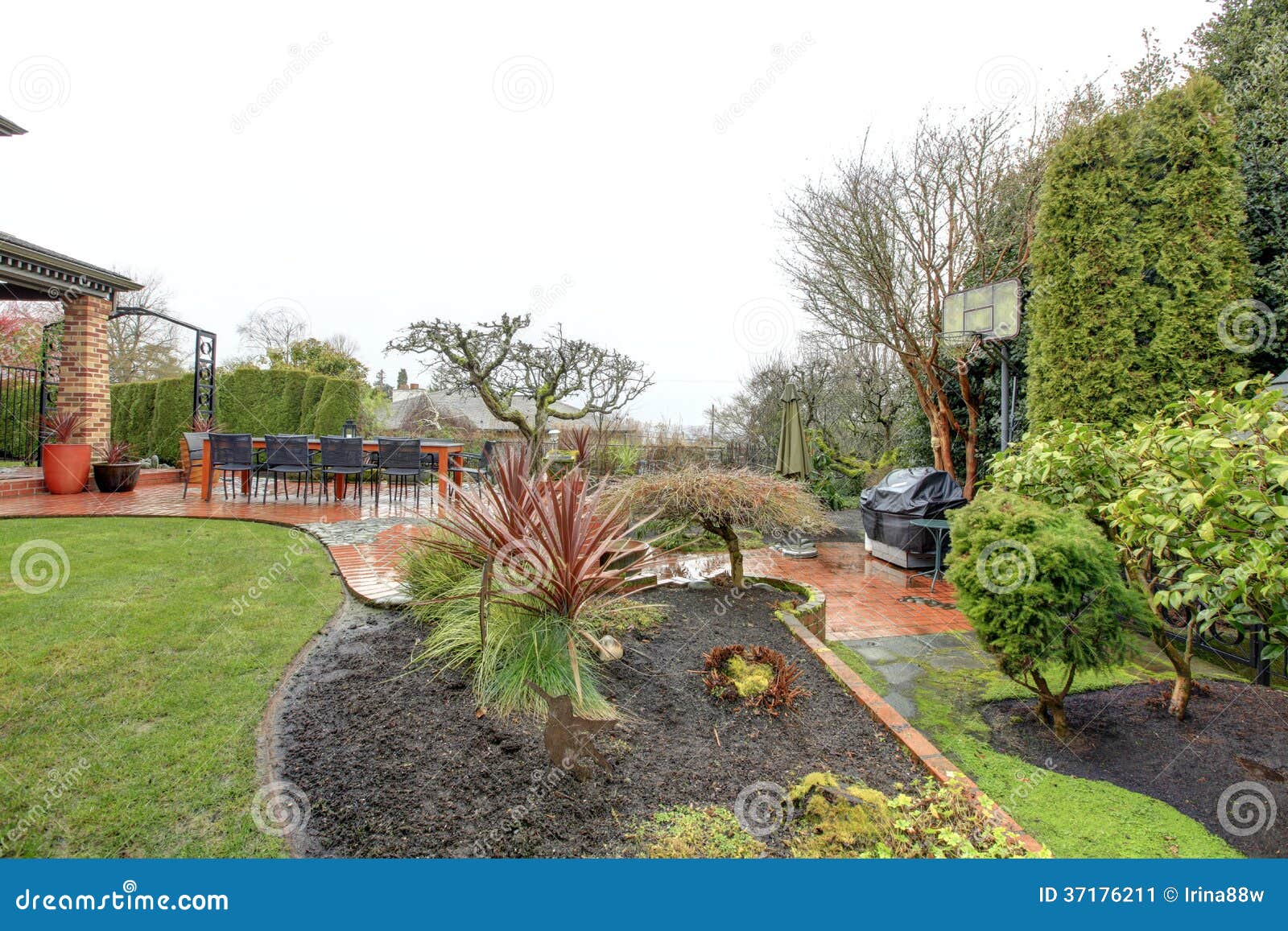 Beautiful Spring Backyard Garden after Rain Stock Image - Image of ...