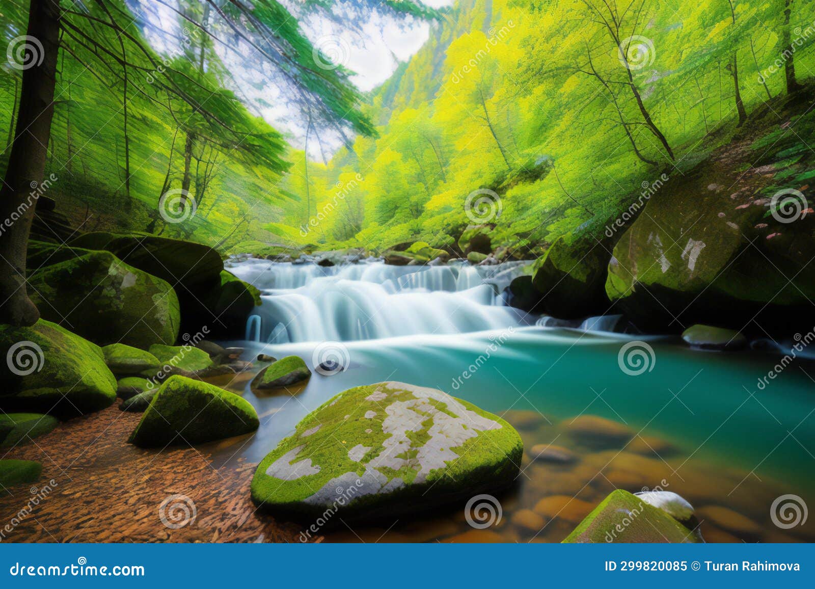 Beautiful Spring Forest Waterfall with Green Grass and Rocks in the ...