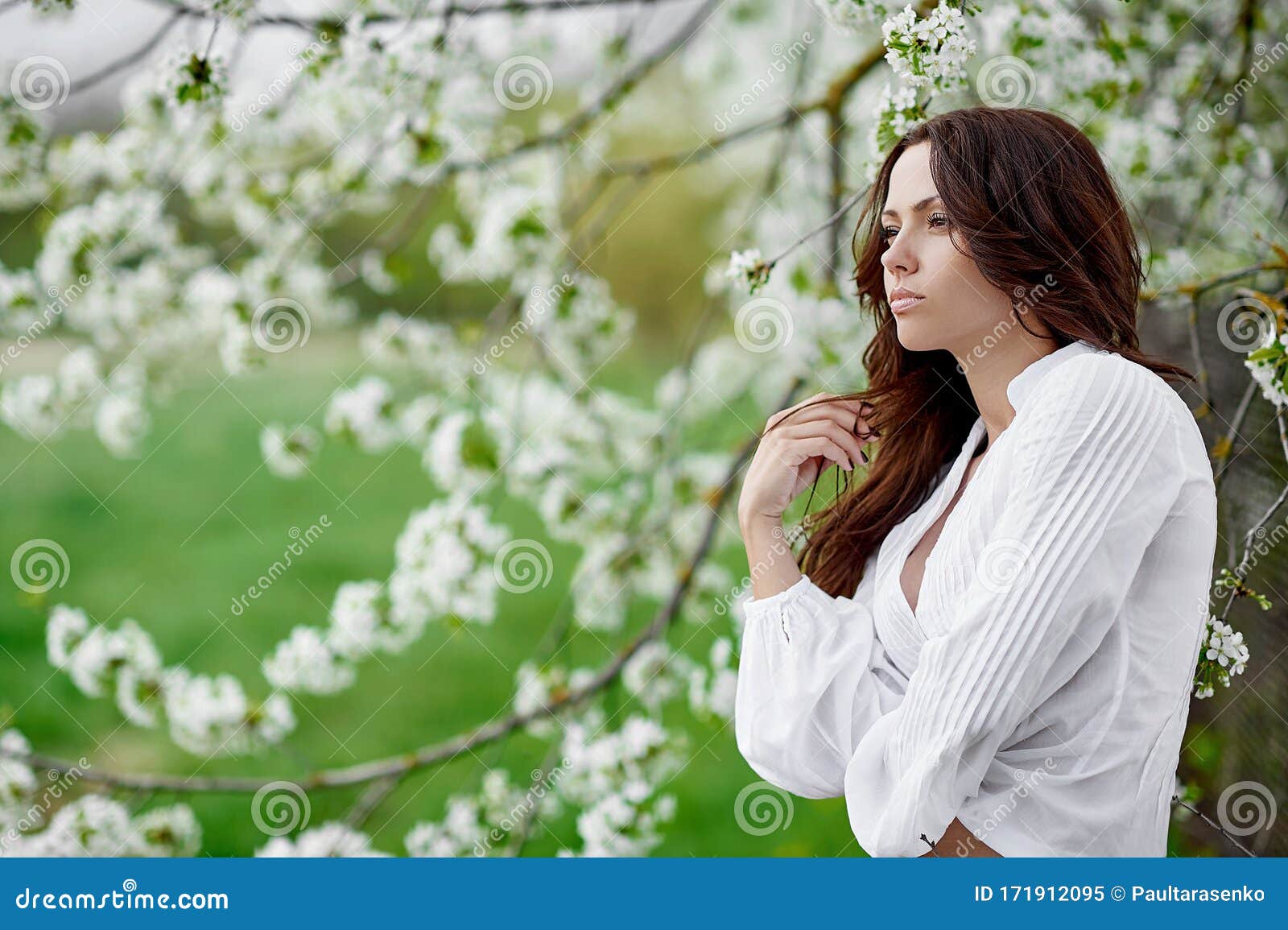 Beautiful Spring Girl in Blooming Trees Stock Image - Image of look ...