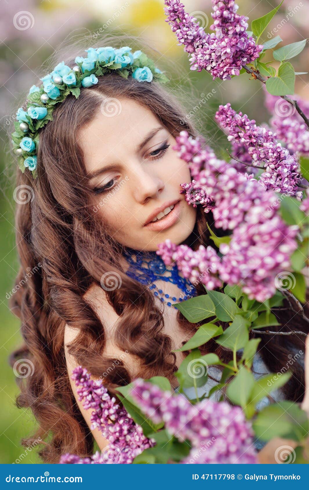 Beautiful Spring Girl in Lilac Flowers Stock Photo - Image of beauty ...