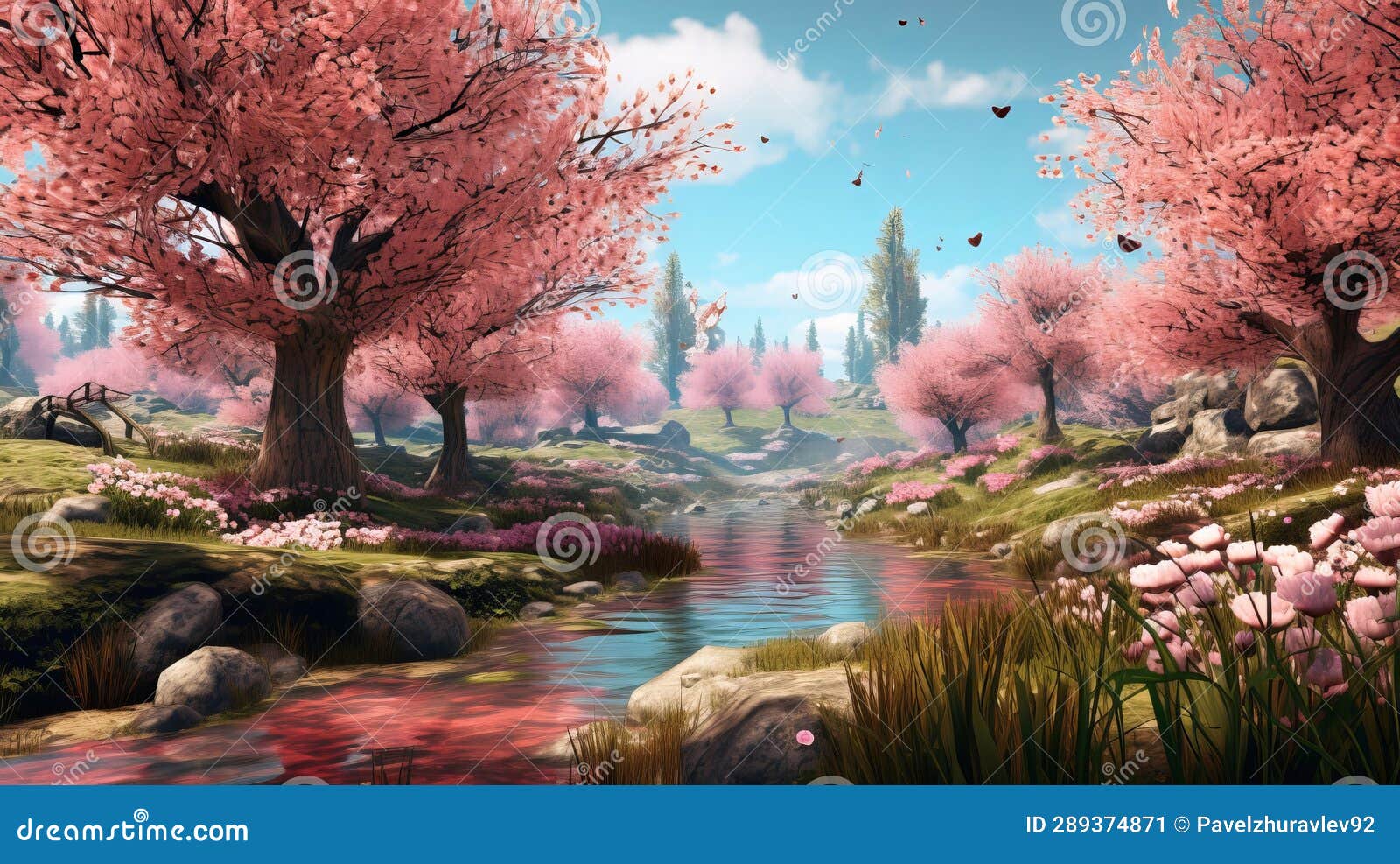 Beautiful Spring Landscape with Blooming Sakura and Pond. 3D Rendering ...