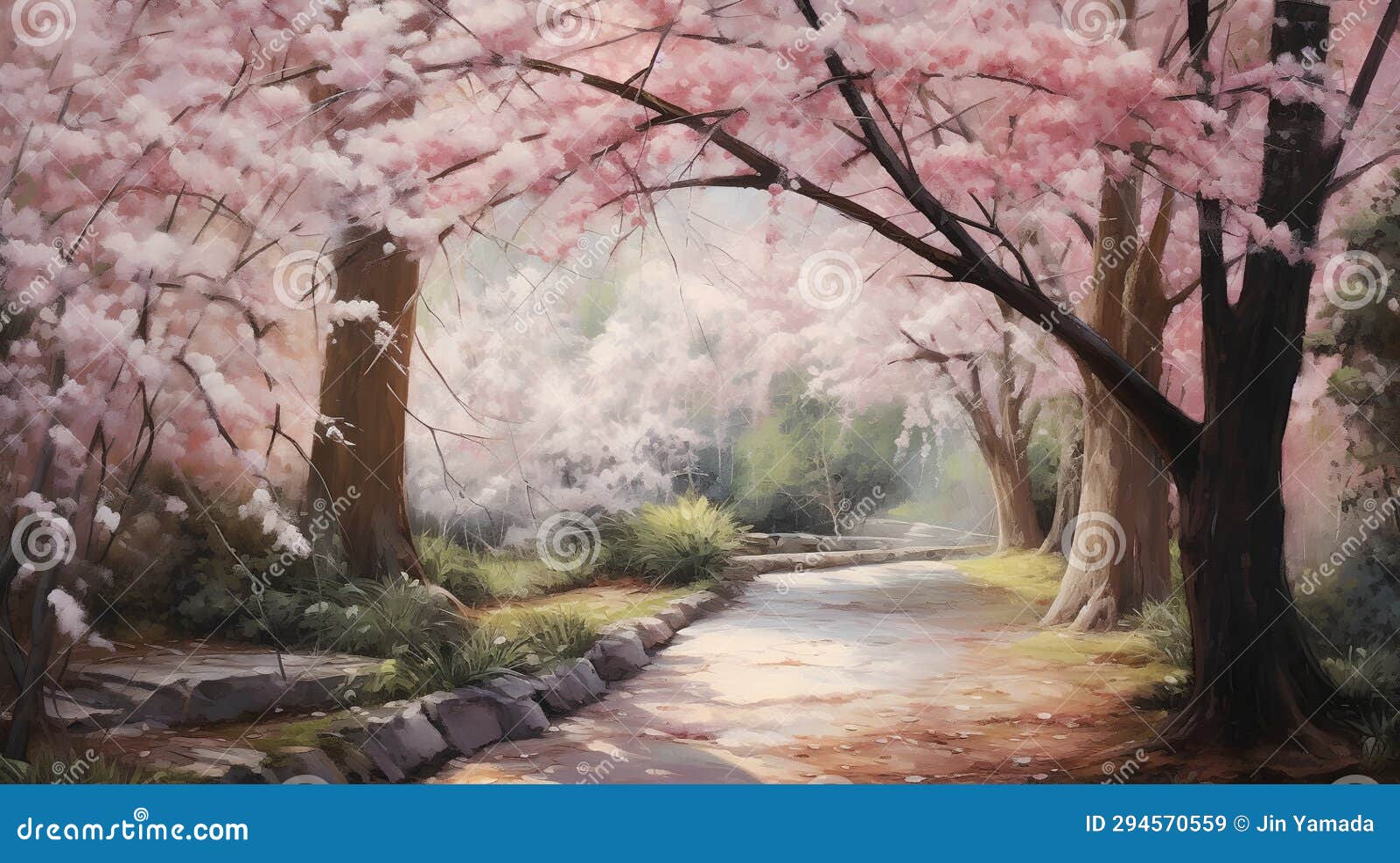 Beautiful Spring Landscape with Blooming Sakura Tree. Digital Painting ...