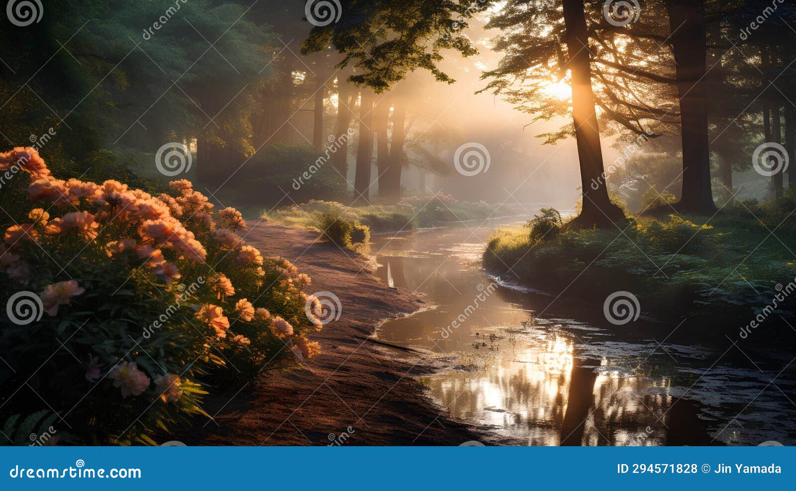Beautiful Spring Landscape with a River in the Forest at Sunrise. Stock ...