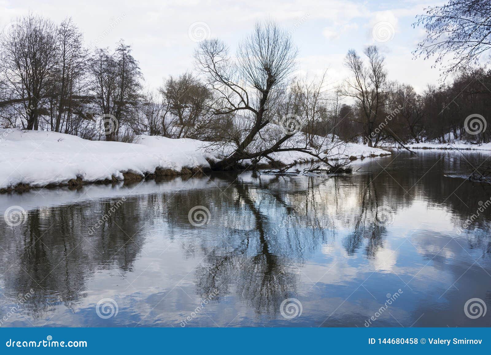 Beautiful Spring Landscape with a Small Quiet River on a Cloudy Day ...