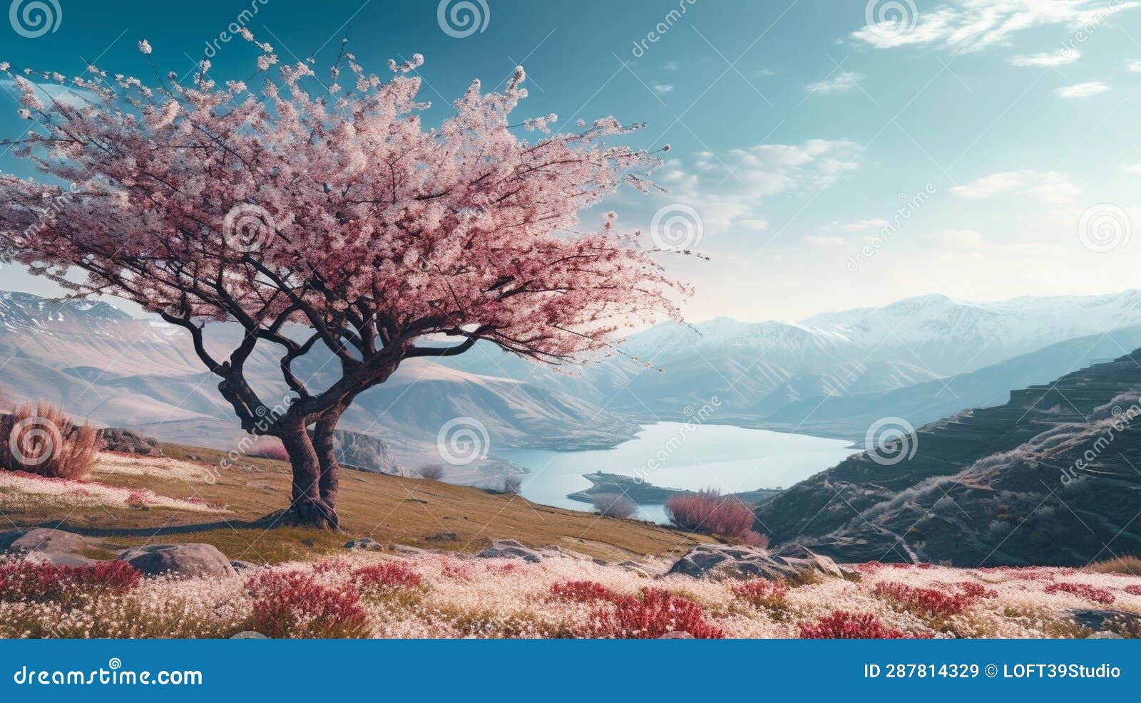 Beautiful Spring Panoramic Landscape with Flowering Tree Against ...