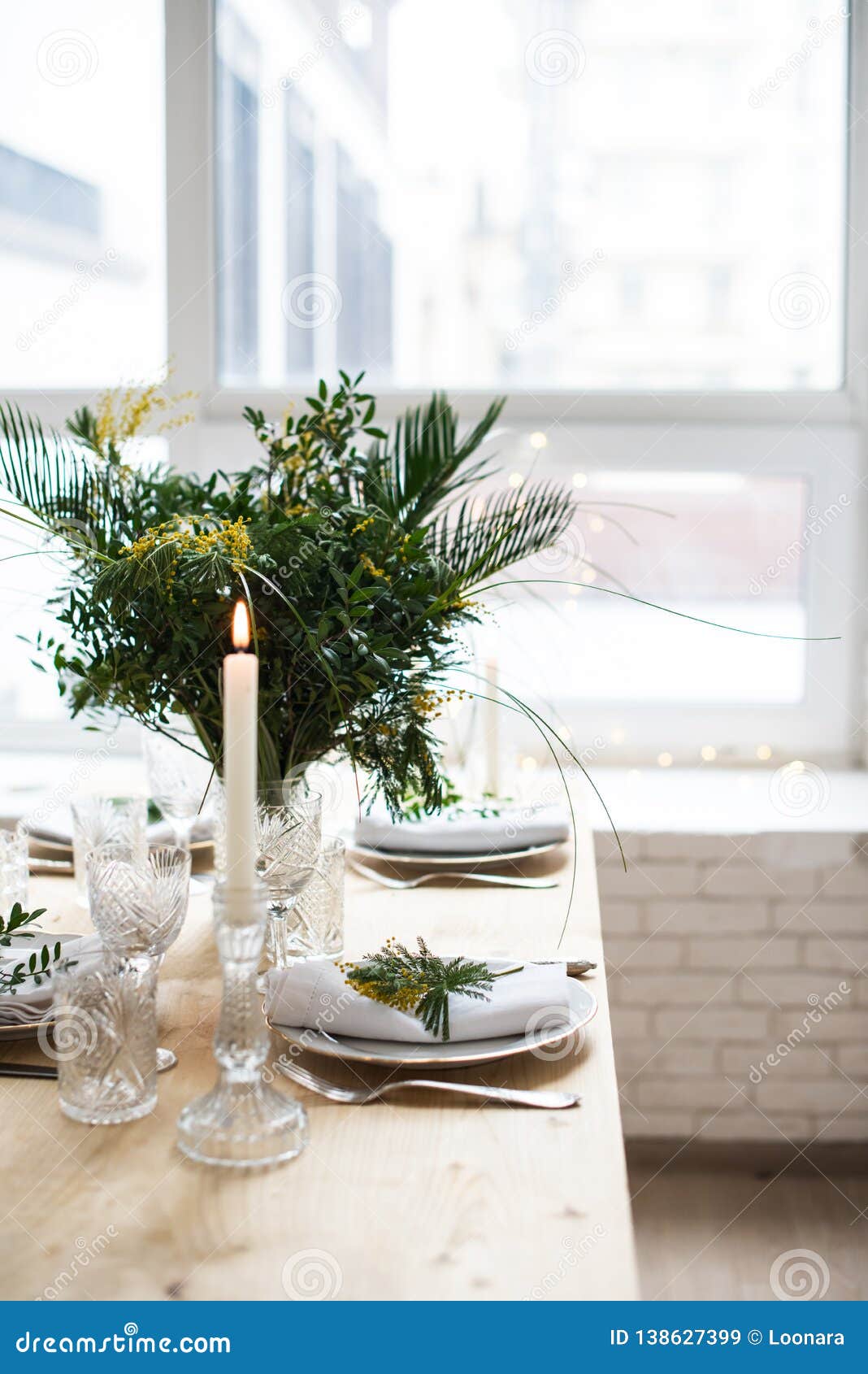 Beautiful Springtime Table Setting with Green Leaves and Mimosa ...