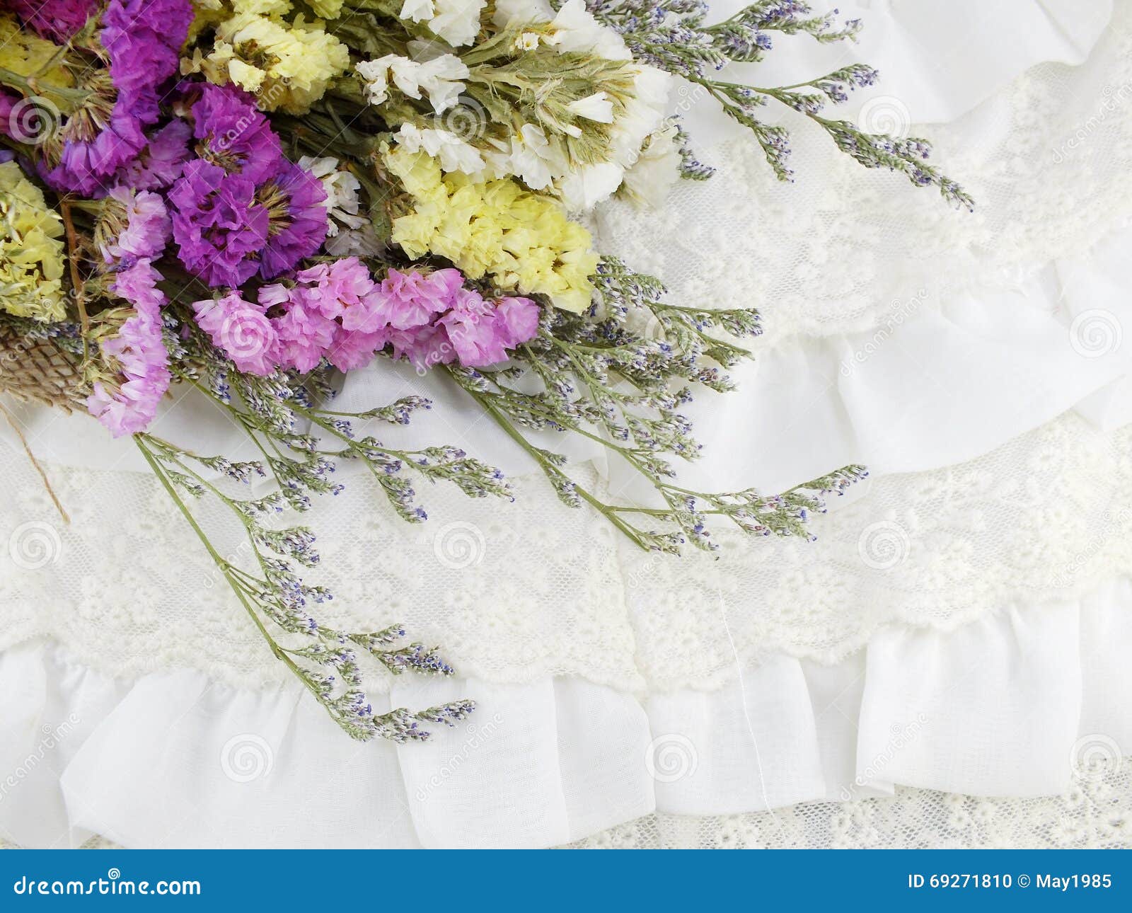 Beautiful Statice Flowers Bouquet with Texture of Fabric Stock Photo ...