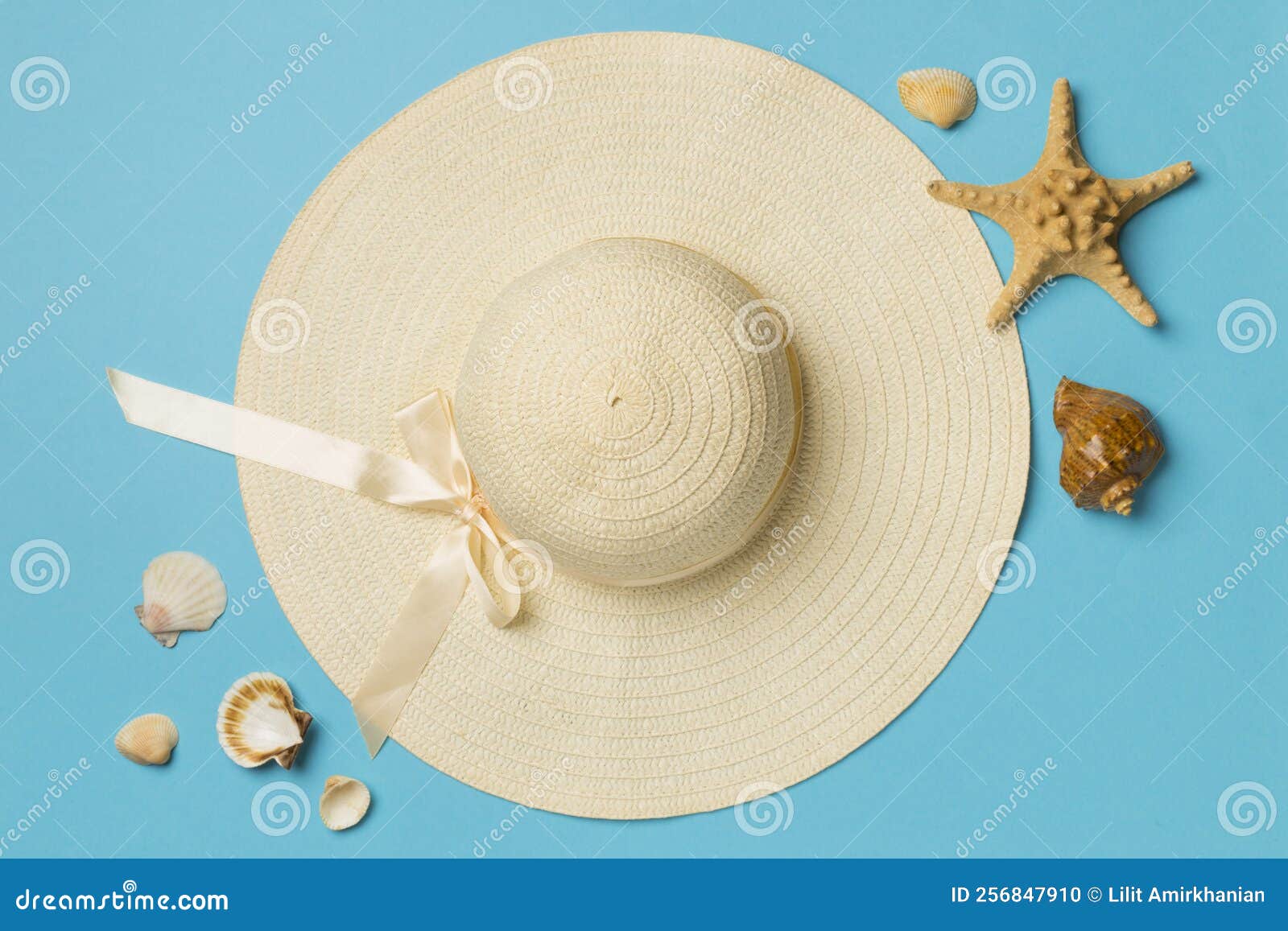 Beautiful Straw Hat and Seashells on Color Background, Top View Stock ...